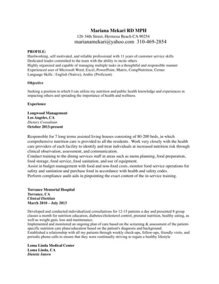 dietitian resume of mariana mekari 2014 | PDF