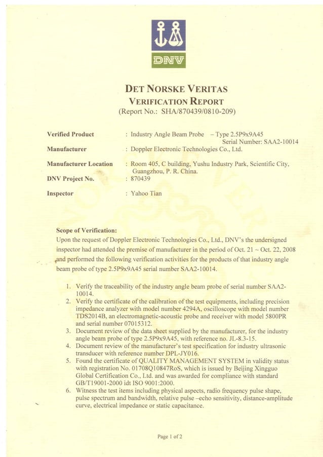 EN12668 certificate for angle beam probe | PDF