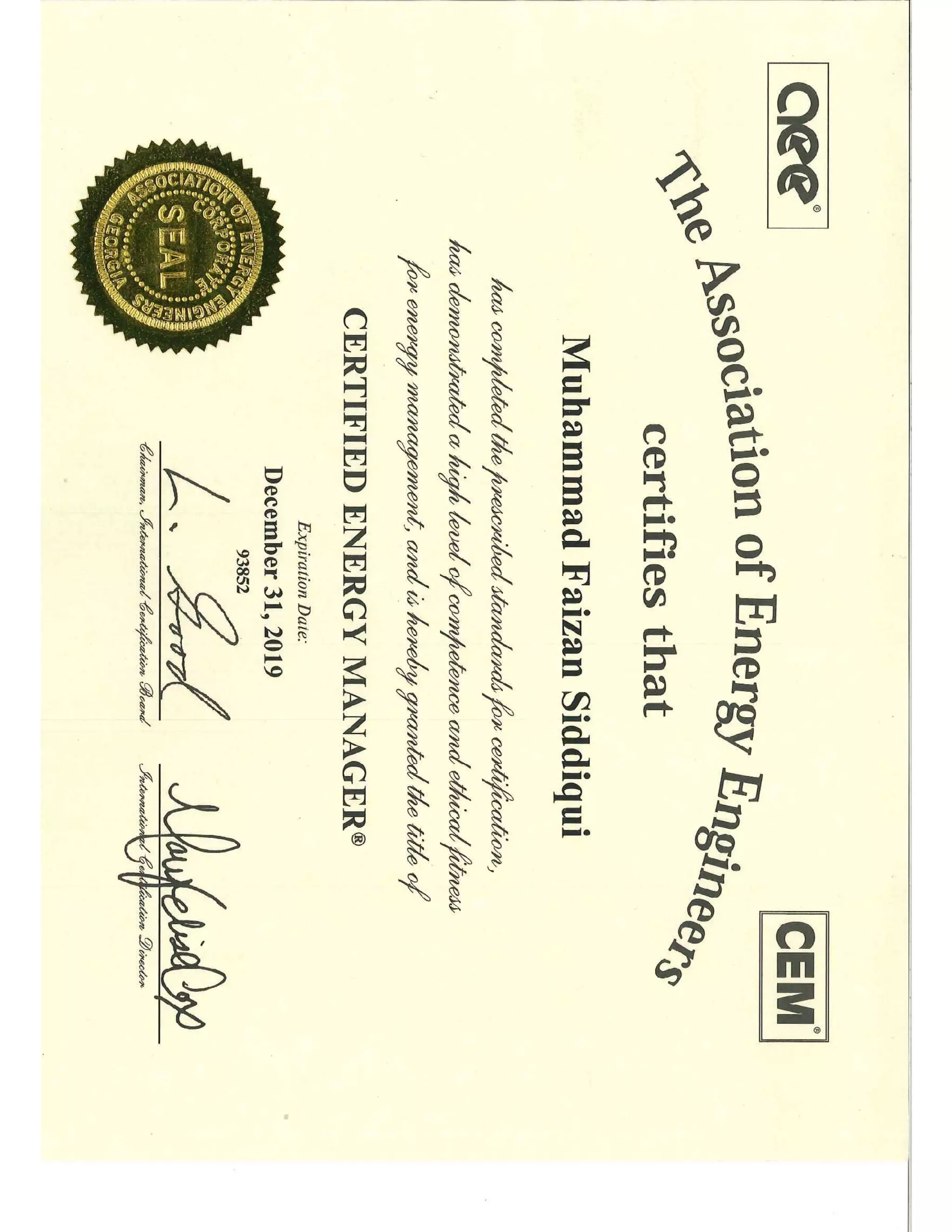 CEM Certificate - Muhammad Faizan Siddiqui - Copy | PDF