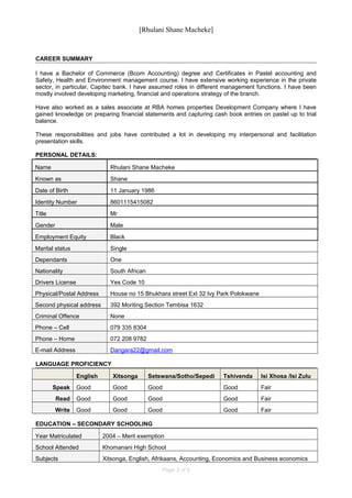 Rhulani Shane Macheke cv | DOC | Business Accounting & Finance | Business