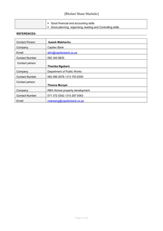Rhulani Shane Macheke cv | DOC | Business Accounting & Finance | Business