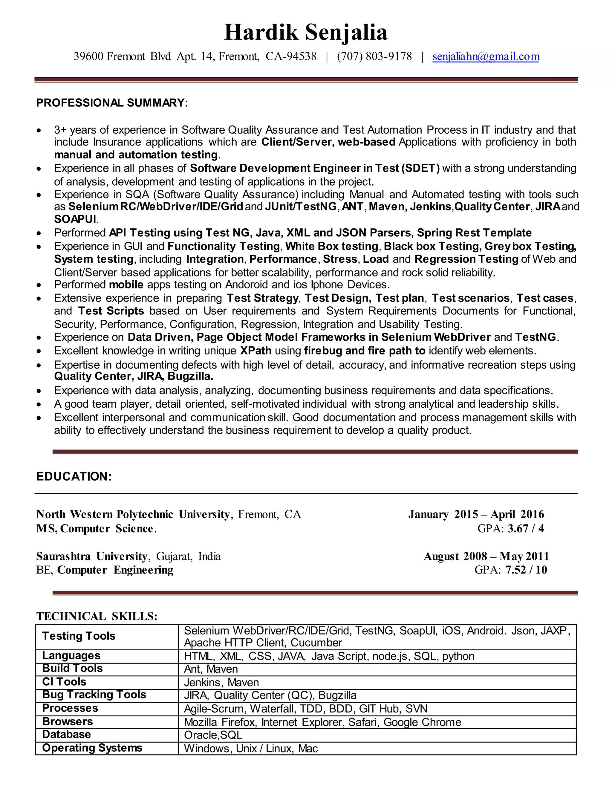 Hardik Senjalia QA Resume | PDF | Free Download