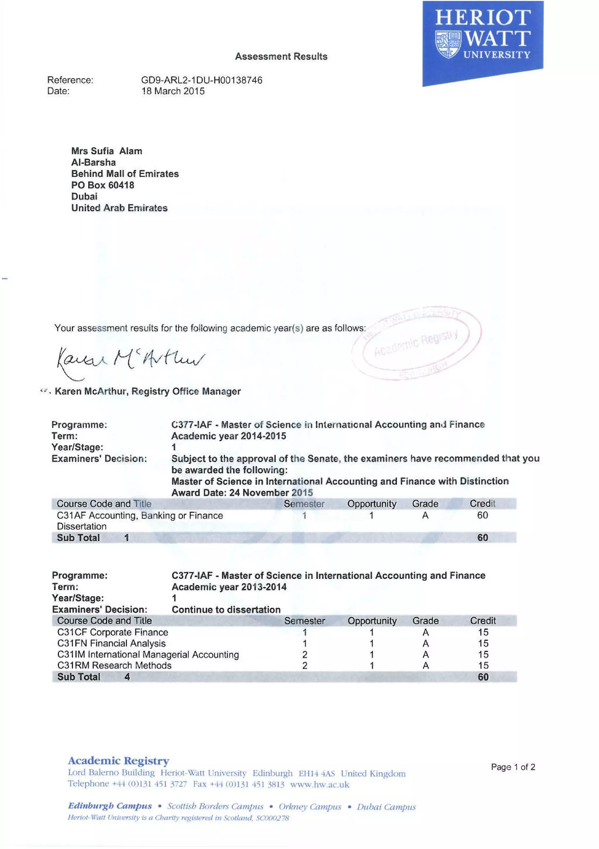 MSC_ Transcript Sufia 2015 | PDF