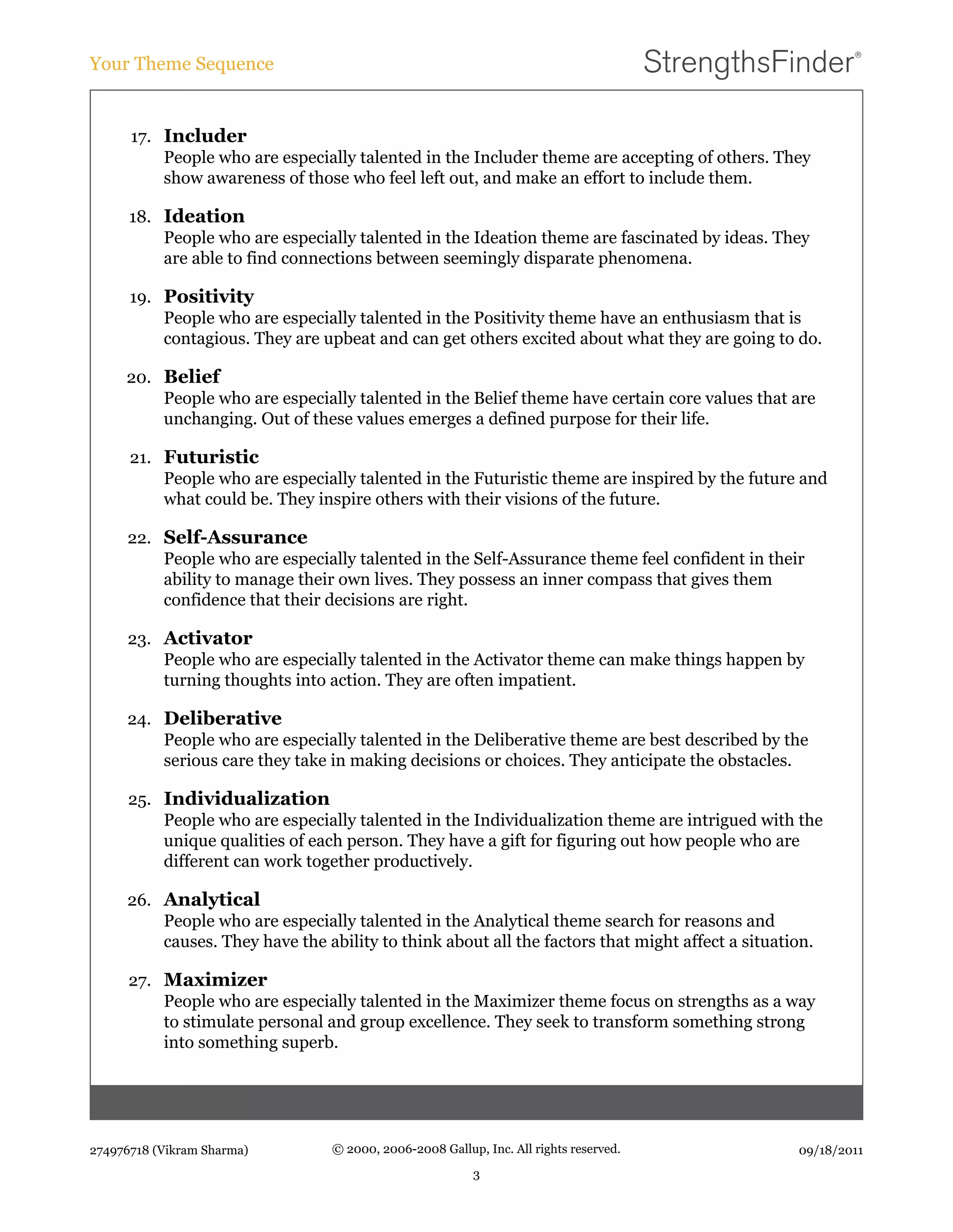 Vikram Sharma, Cliffton's Strength Finder - Gallup | PDF