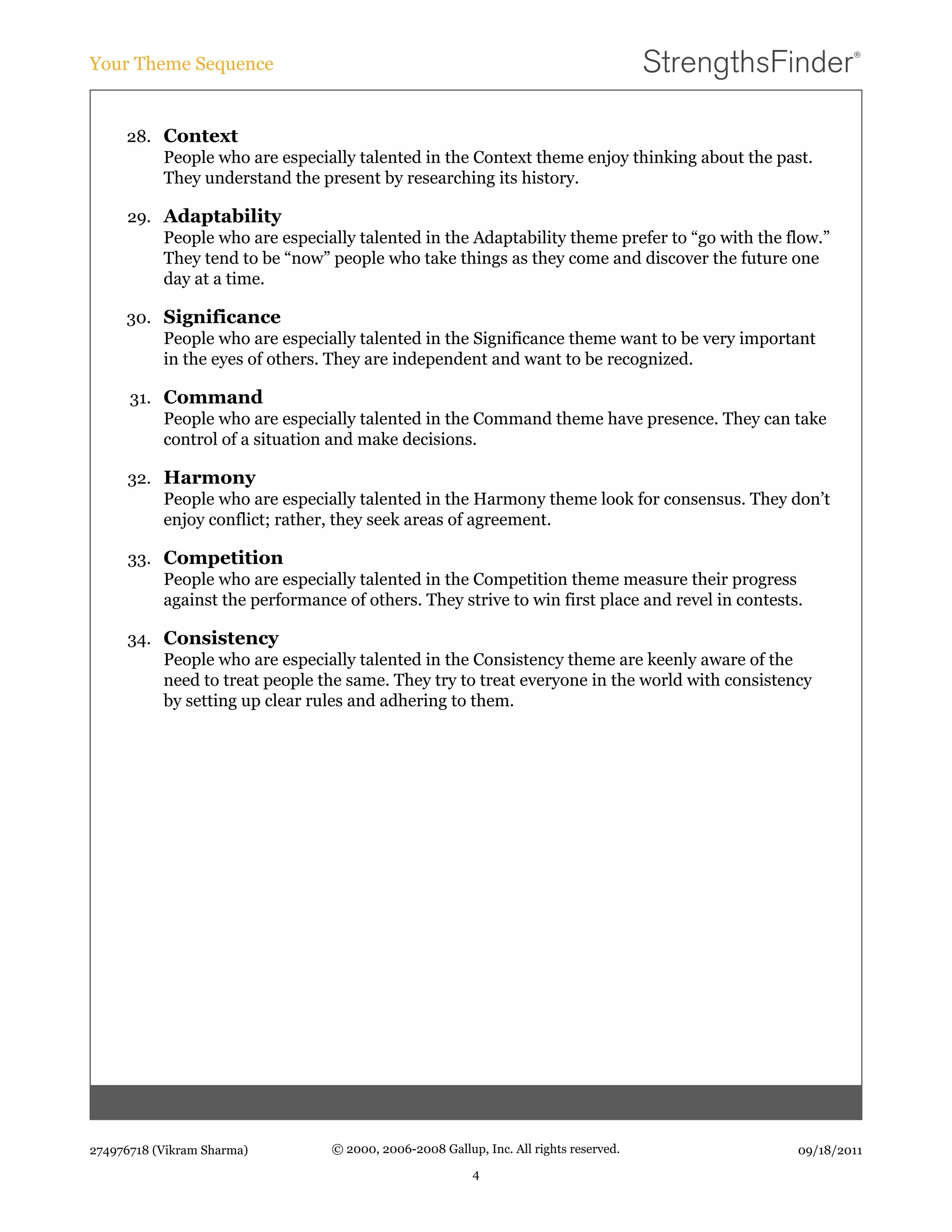 Vikram Sharma, Cliffton's Strength Finder - Gallup | PDF