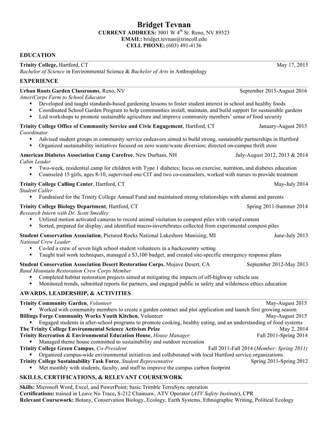 Resume_Bridget Tevnan_2016 | PDF | College Education | Education