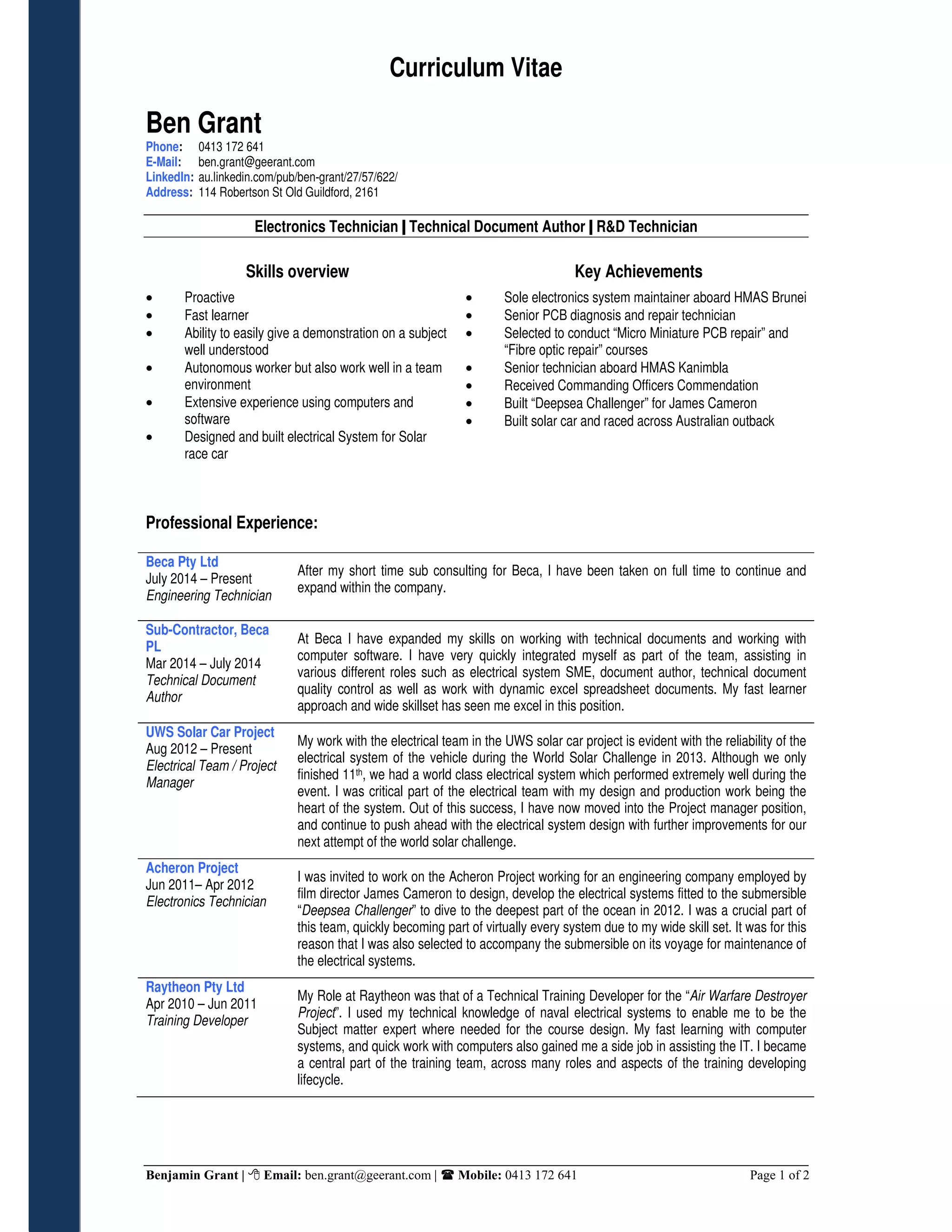 Curriculum Vitae - Ben Grant | PDF