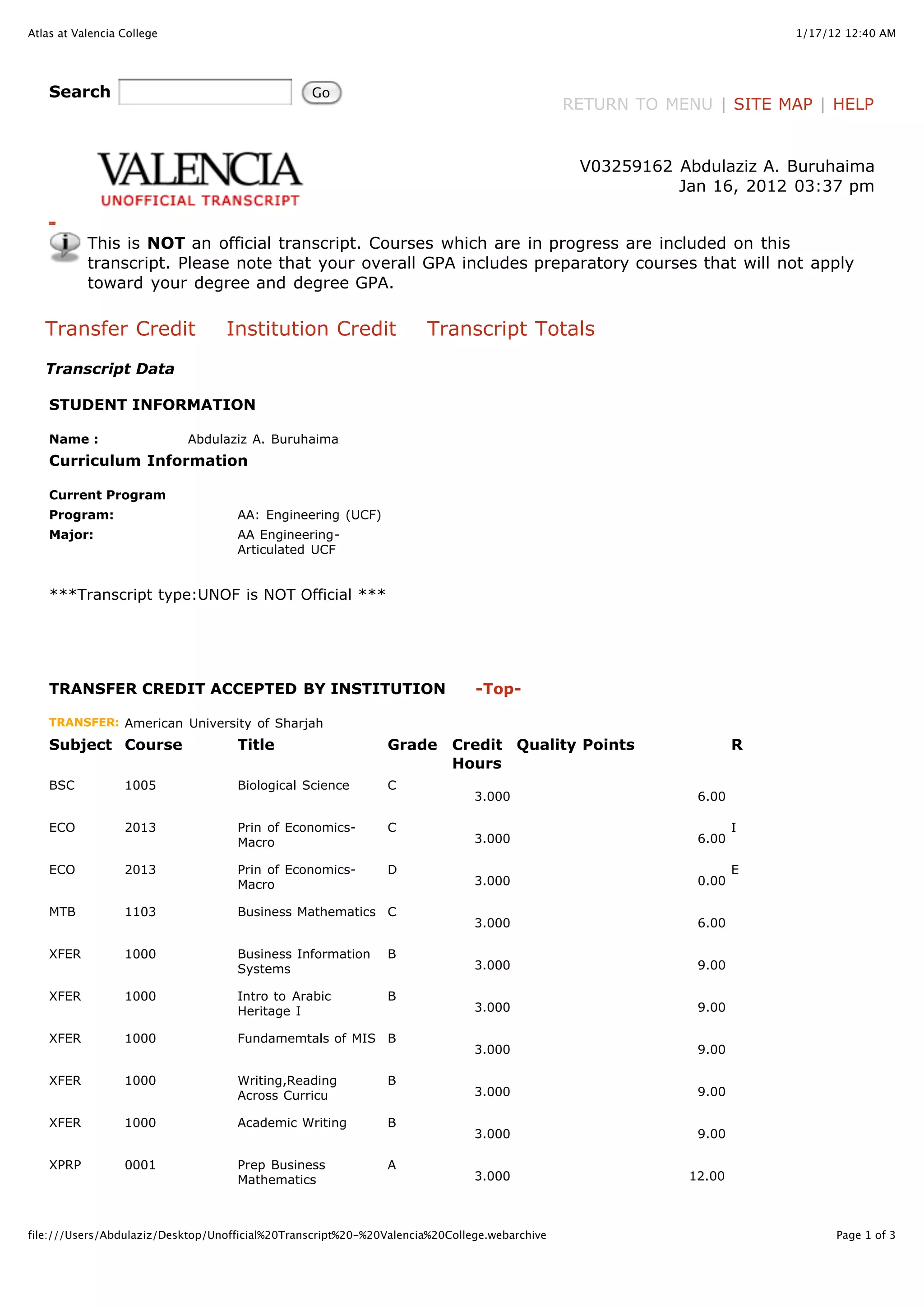 Unofficial Transcript | PDF