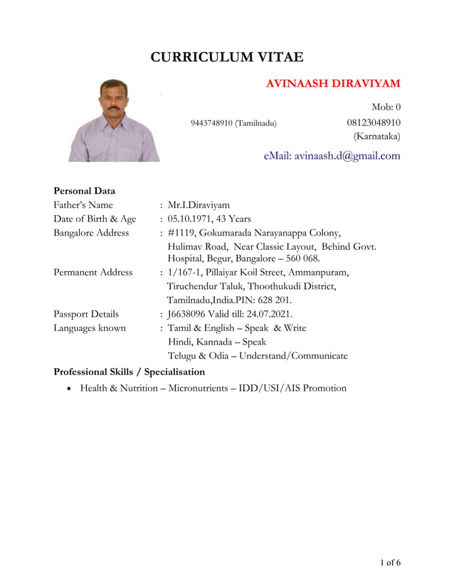 Avinaash Diraviyam CV June 2015 Bangalore | PDF