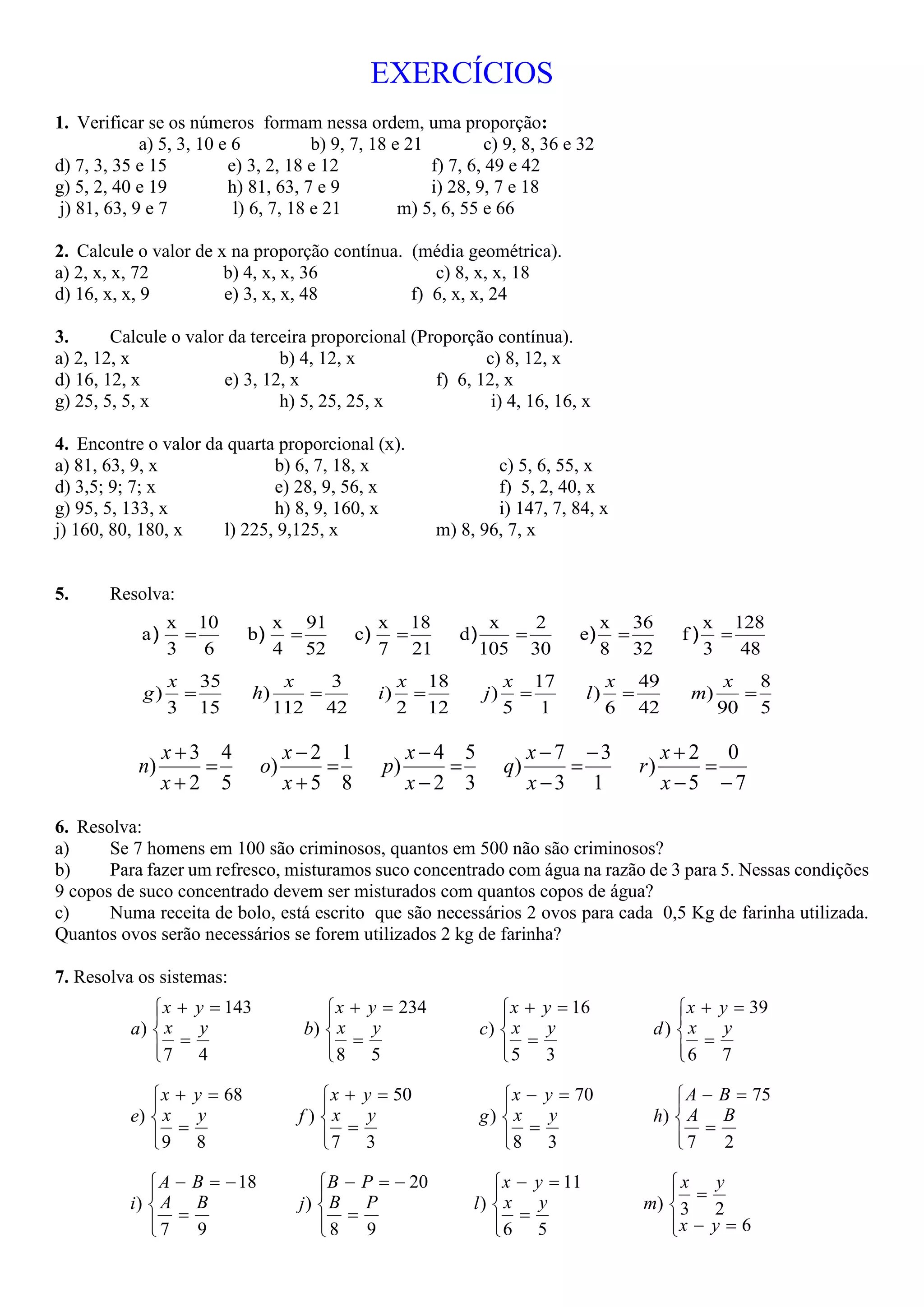 7º ano exerc razão e proporção | PDF