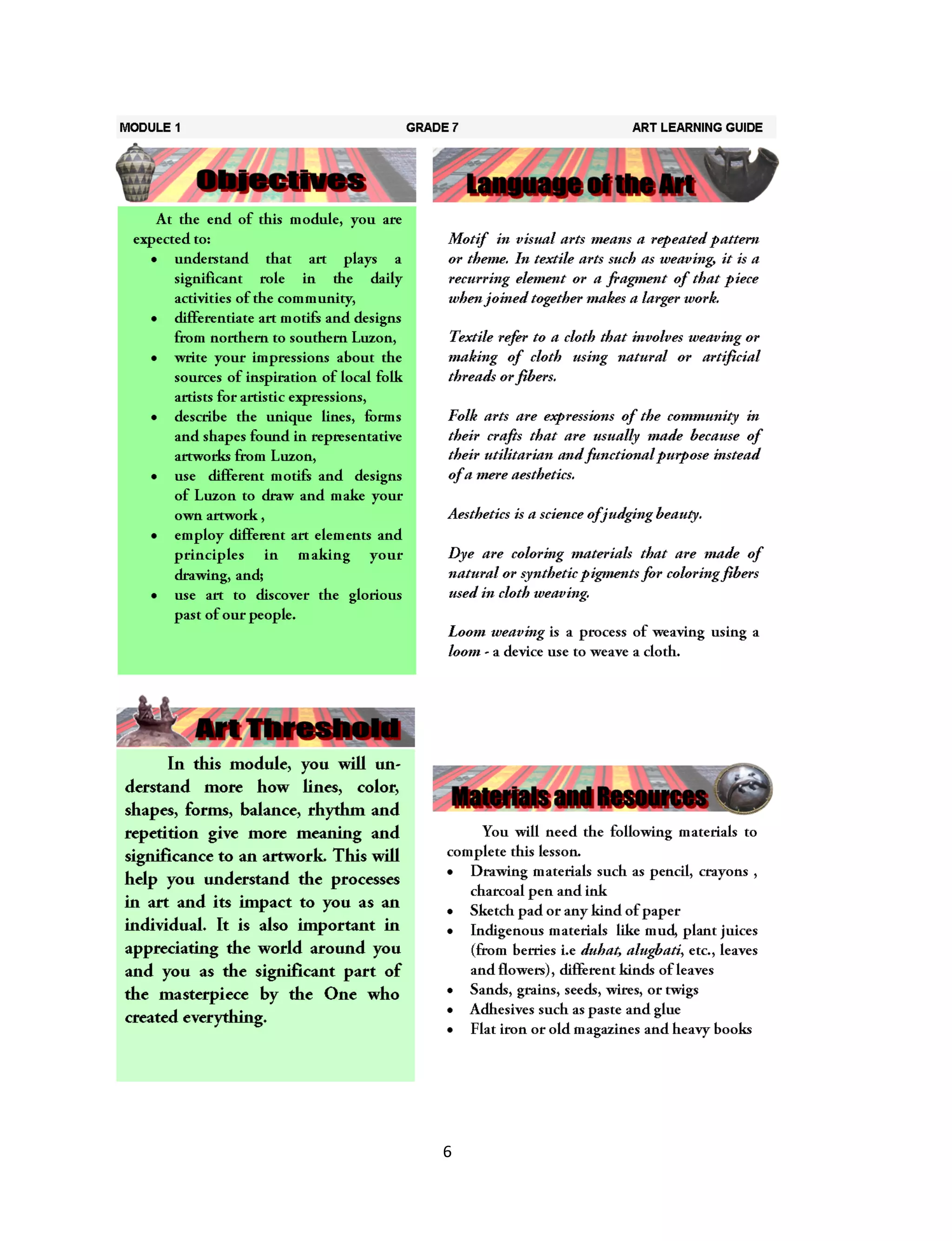 Grade 7 Learning Module in Art (Quarter 1 to 4) | PDF