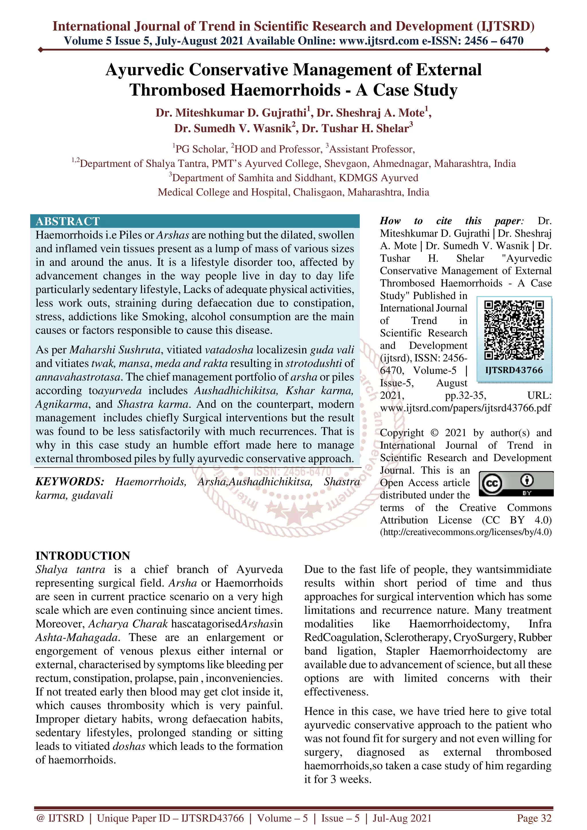Ayurvedic Conservative Management of External Thrombosed Haemorrhoids A Case Study | PDF