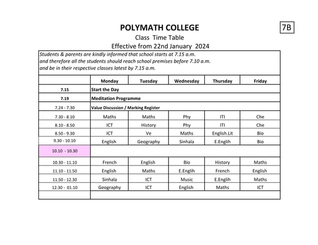 7B- time table for class...... School perfect timetable for kids | PDF