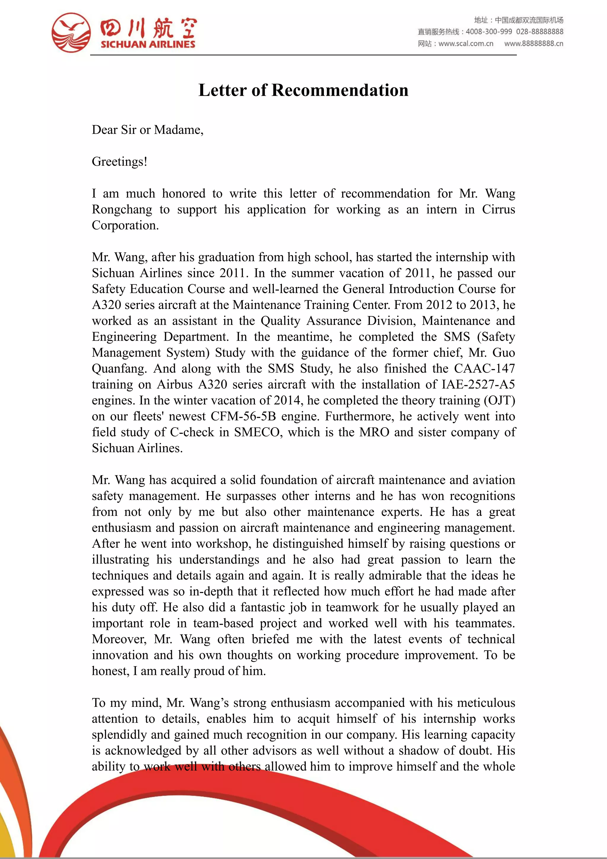 Letter of Recommendation from Sichuan Airlines | PDF