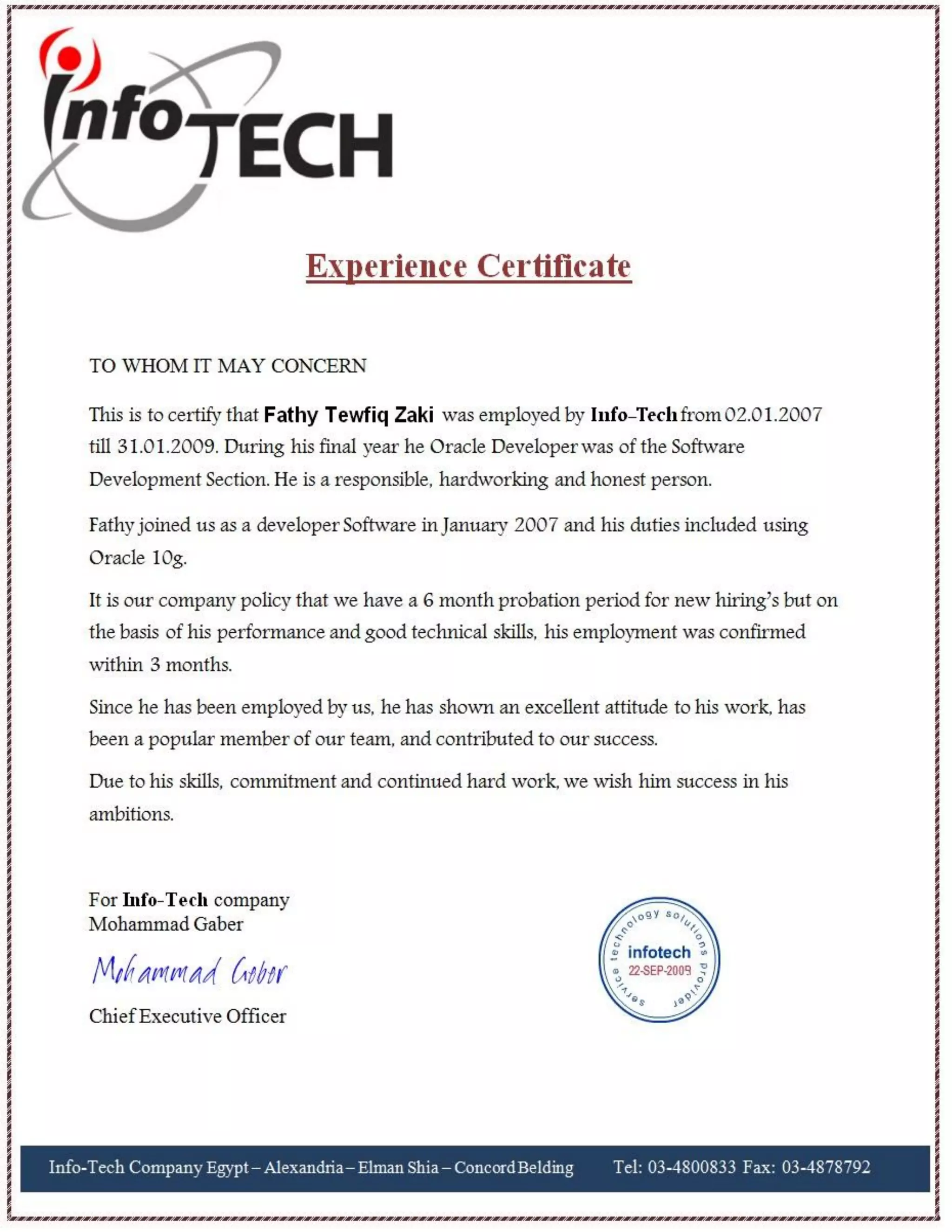 experience certificate Info-Tech | PDF