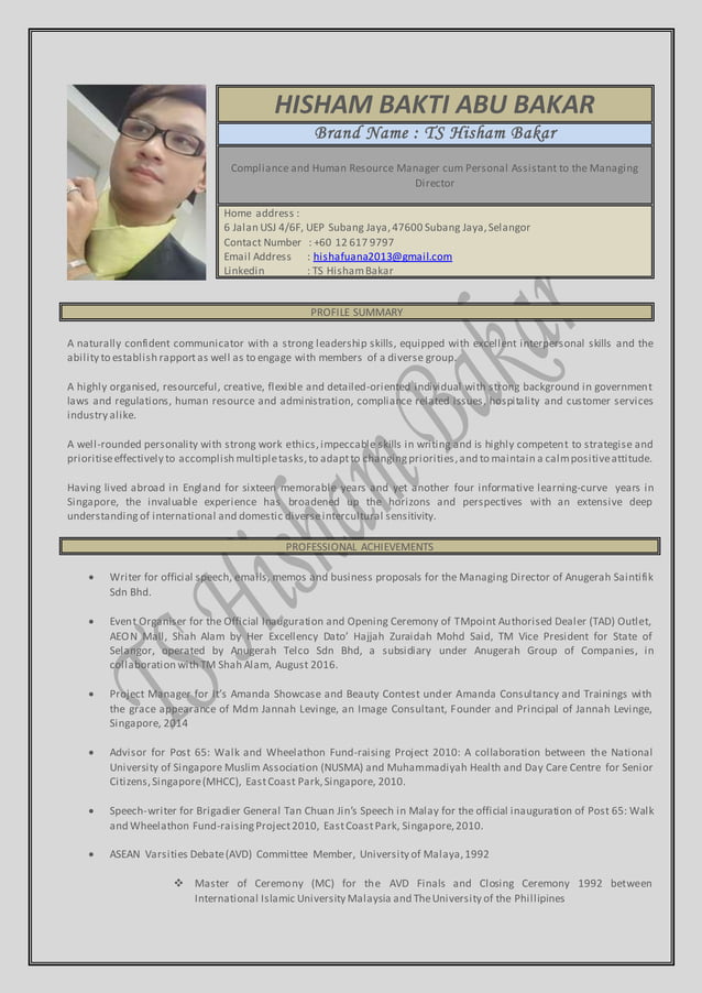 HISHAM BAKTI ABU BAKAR RESUME NOV 2016 | DOCX | Business Administration | Business