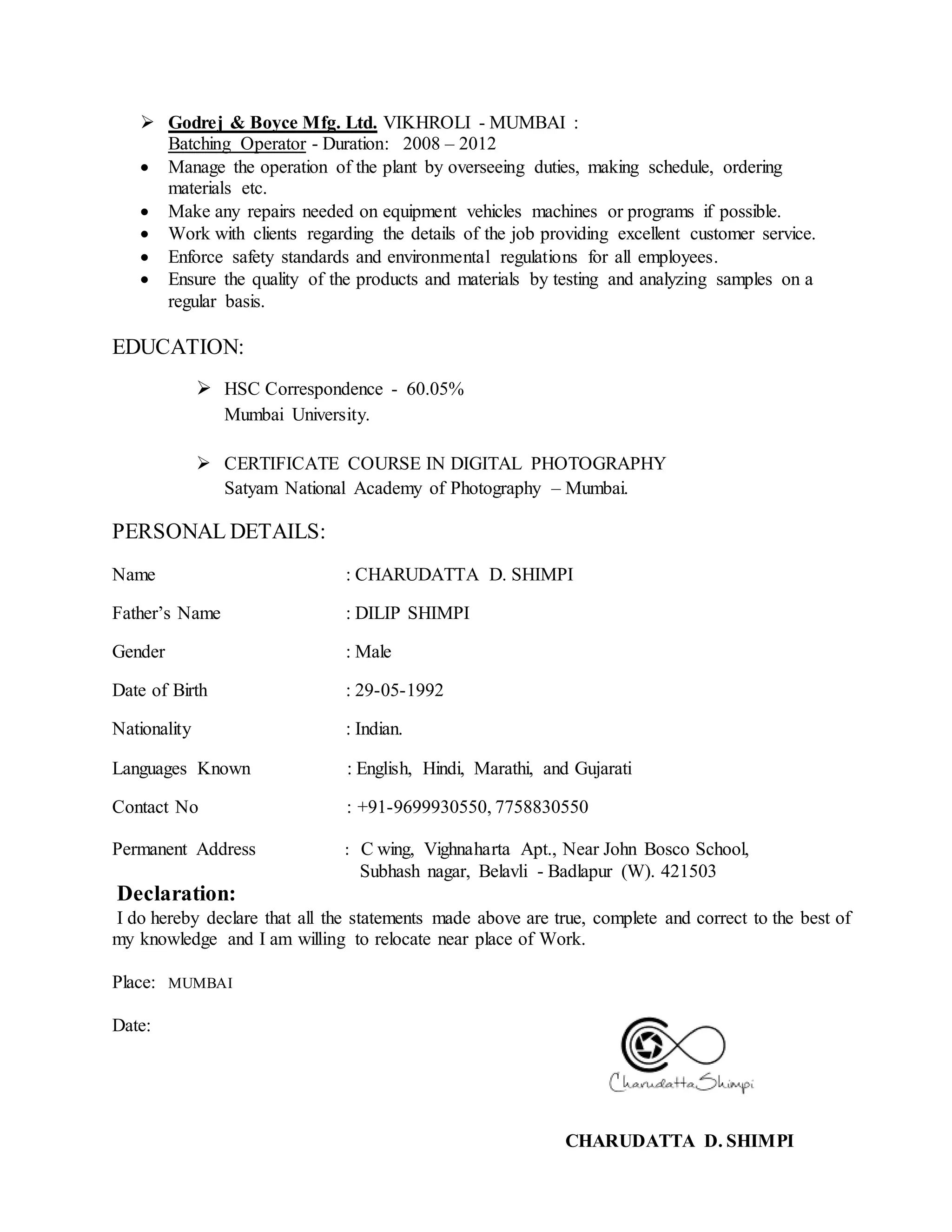 CHARUDATTA SHIMPI - RESUME (PHOTOGRAPHER) | DOCX | Photo Editing Software | Computer Software ...