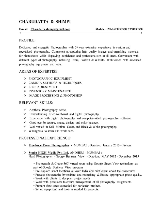 CHARUDATTA SHIMPI - RESUME (PHOTOGRAPHER) | DOCX | Photo Editing Software | Computer Software ...