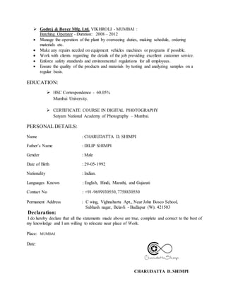 CHARUDATTA SHIMPI - RESUME (PHOTOGRAPHER) | DOCX | Photo Editing ...