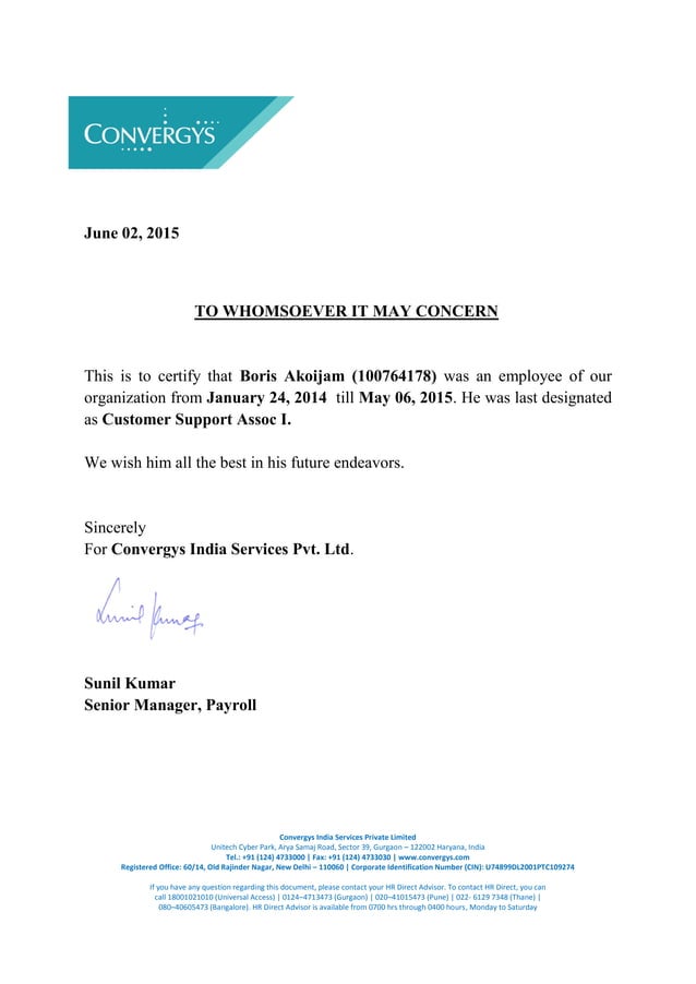 CONVERGYS exp LETTER | PDF