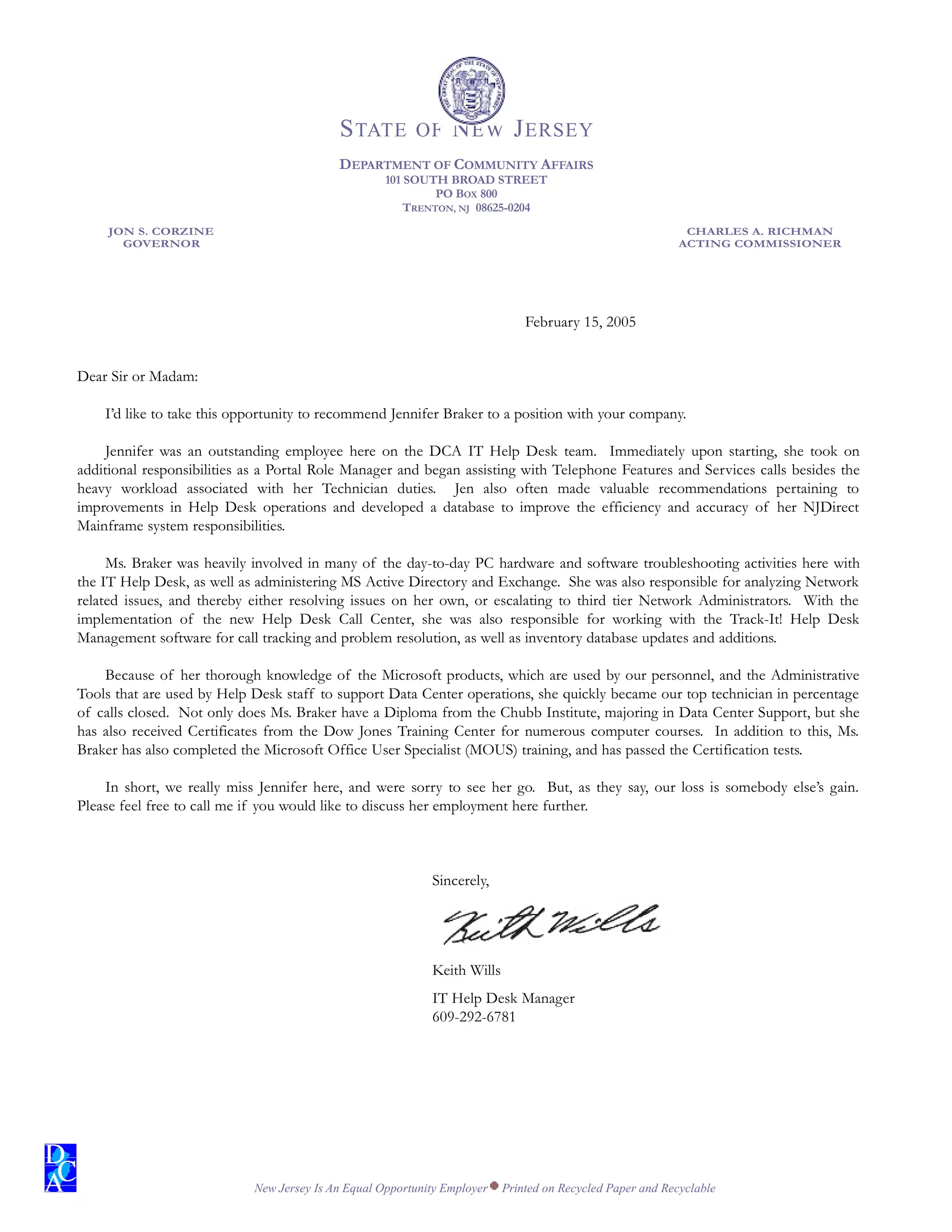Recommendation letter from DCA- Keith Wills | DOC