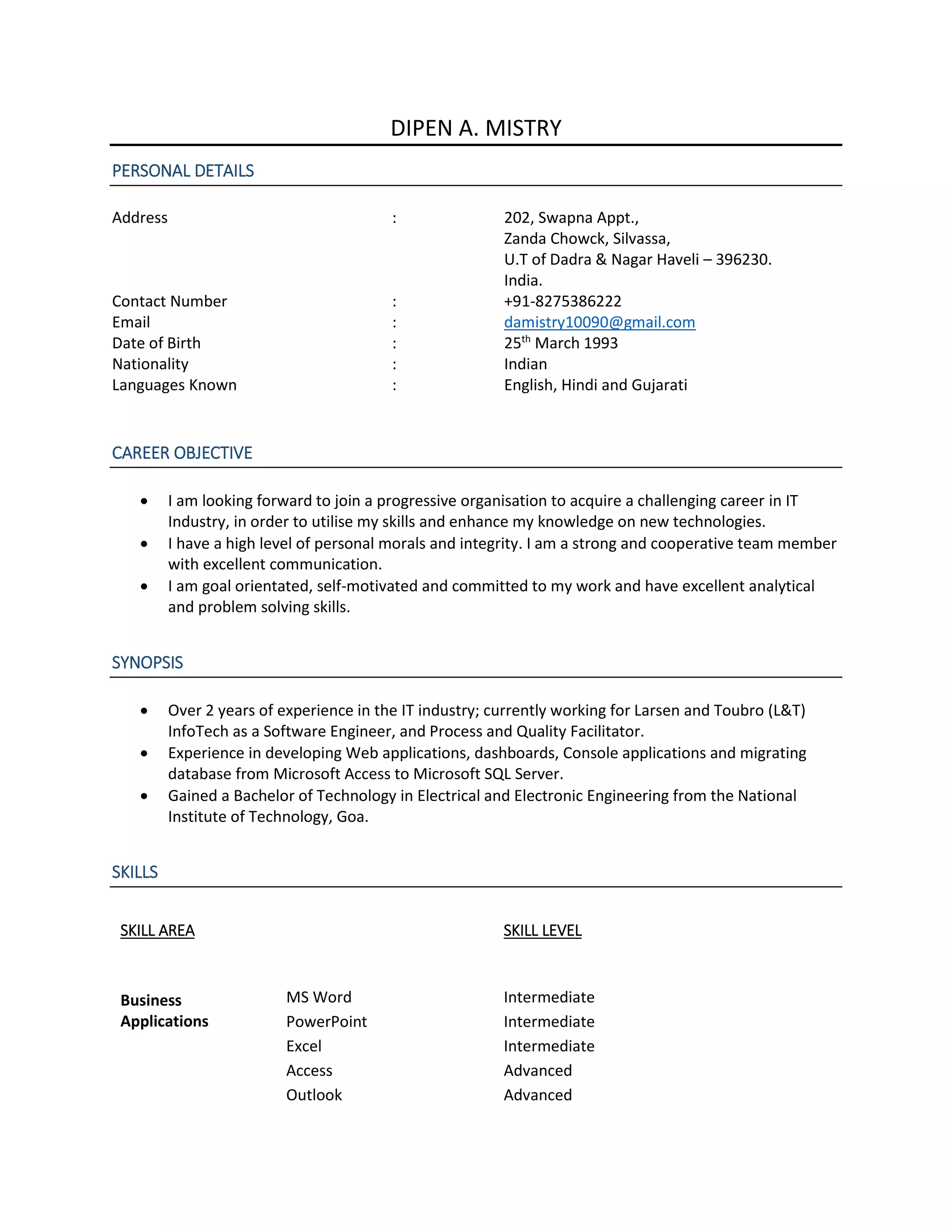 DIPEN AMIT MISTRY Resumea | PDF