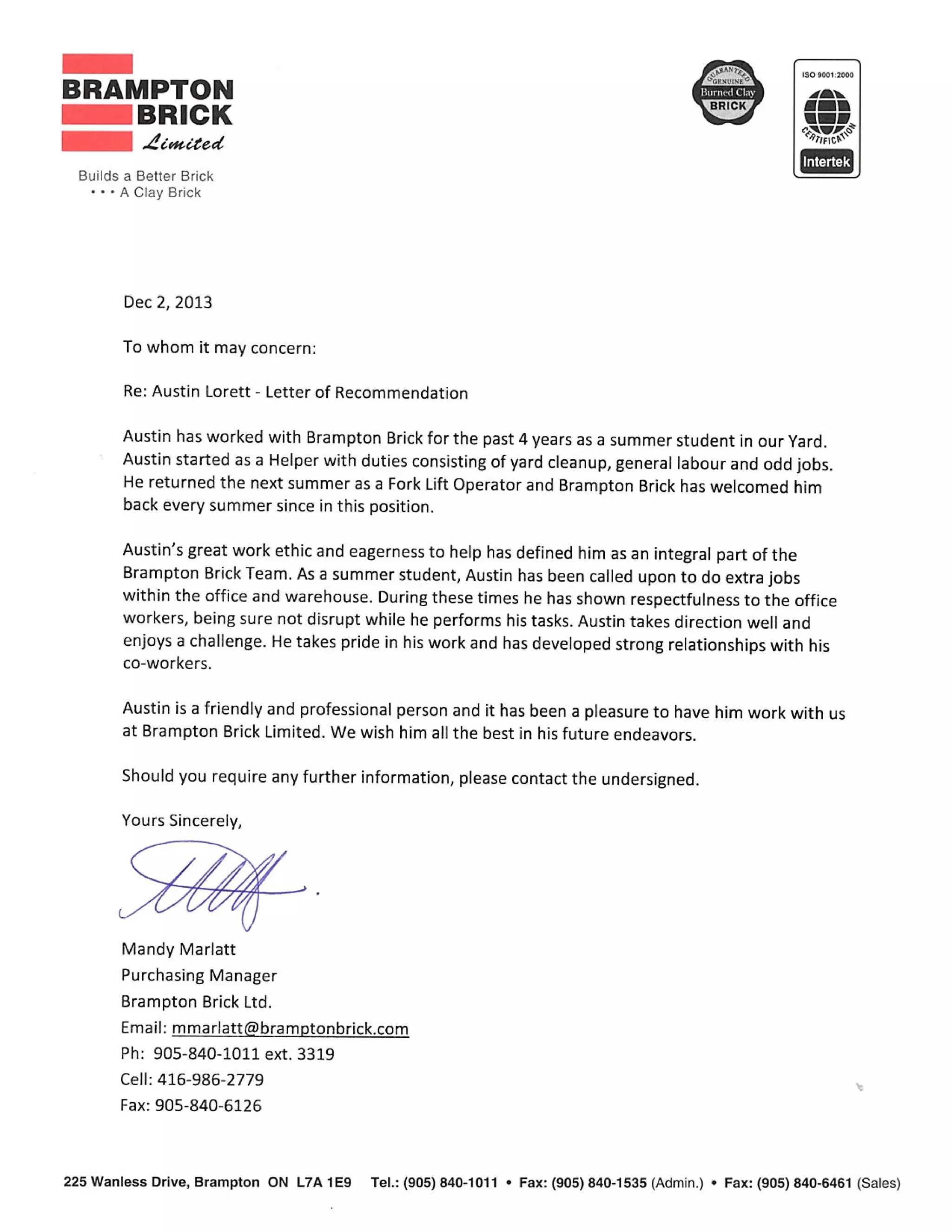 BramptonBrick letter of recommendation | PDF