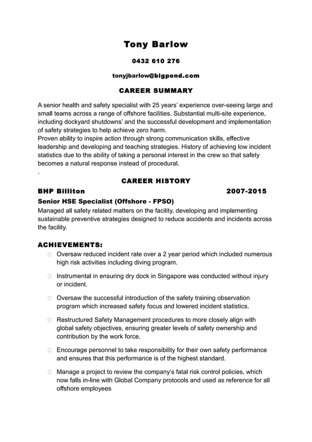 Tony Barlow New Resume 2015 | RTF