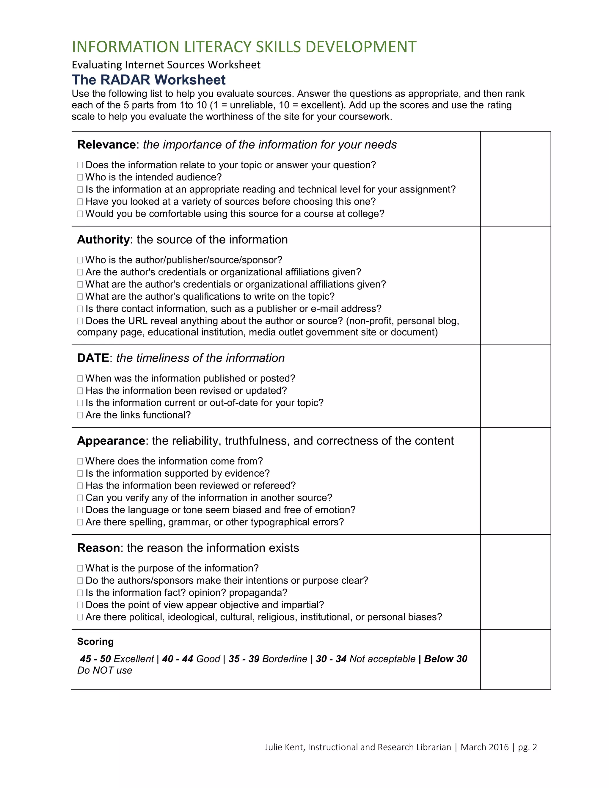 Evaluating Internet Sources RADAR Worksheet | PDF