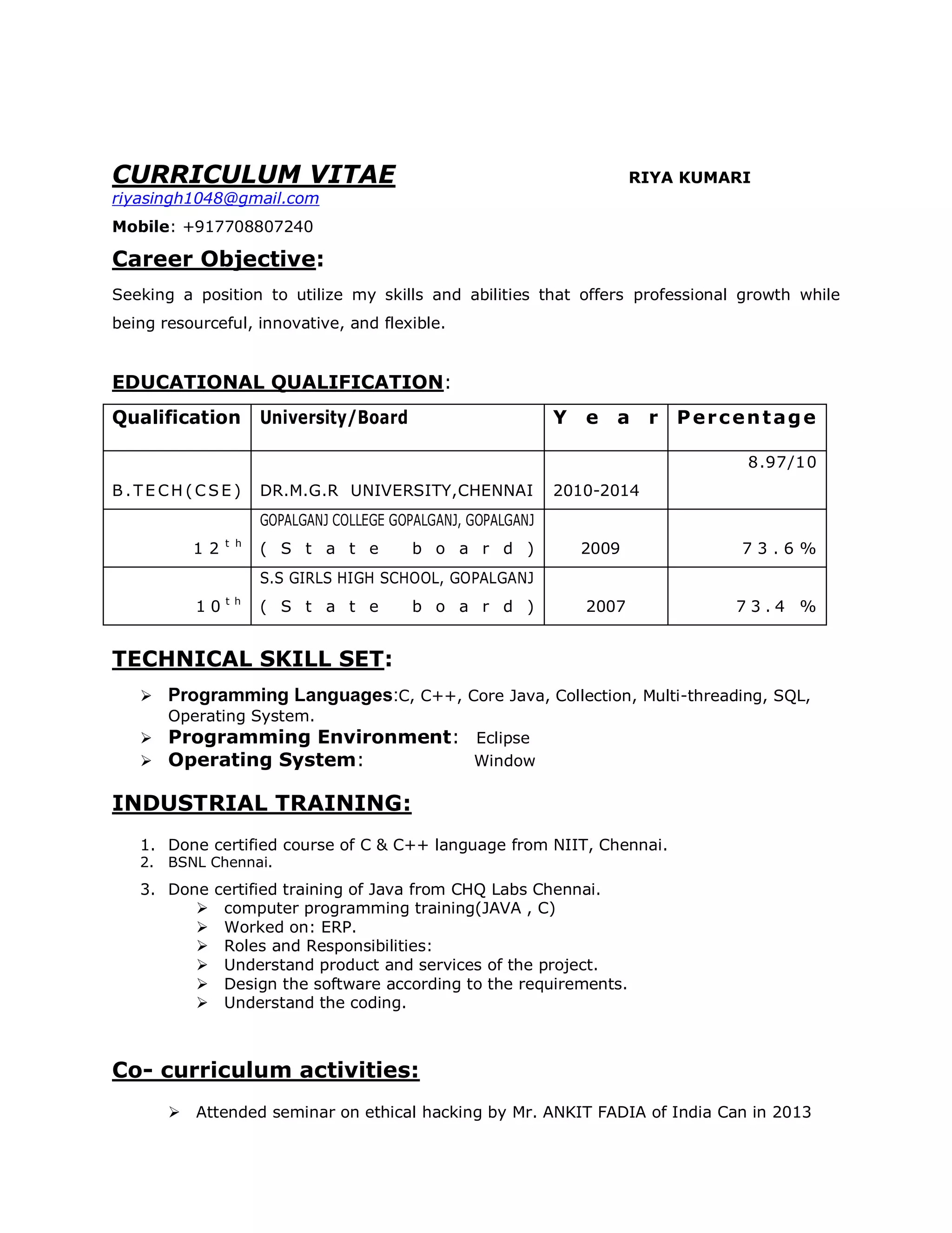 RIYA RESUME | PDF | Programming Languages | Computing