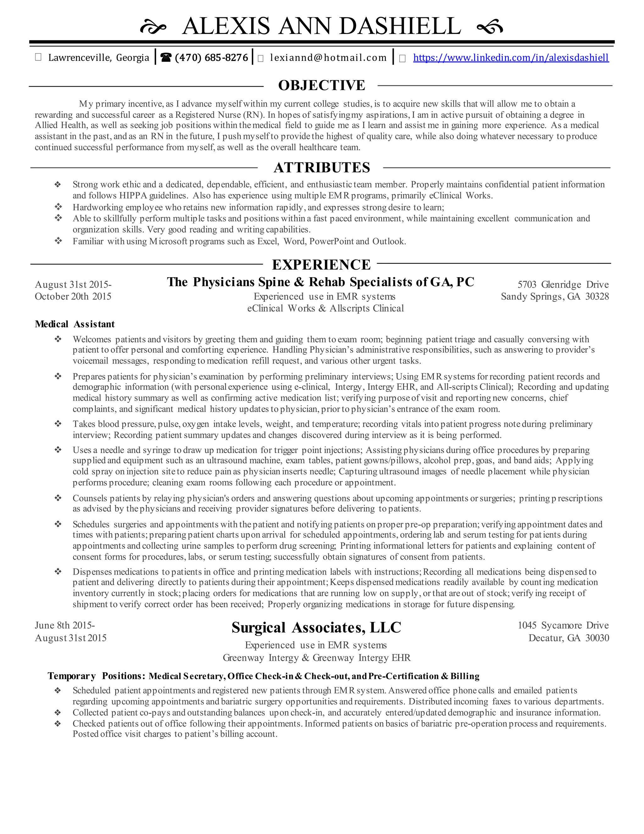 ALEXIS ANN DASHIELL RESUME 2E | DOCX | Healthcare Industry | Industries