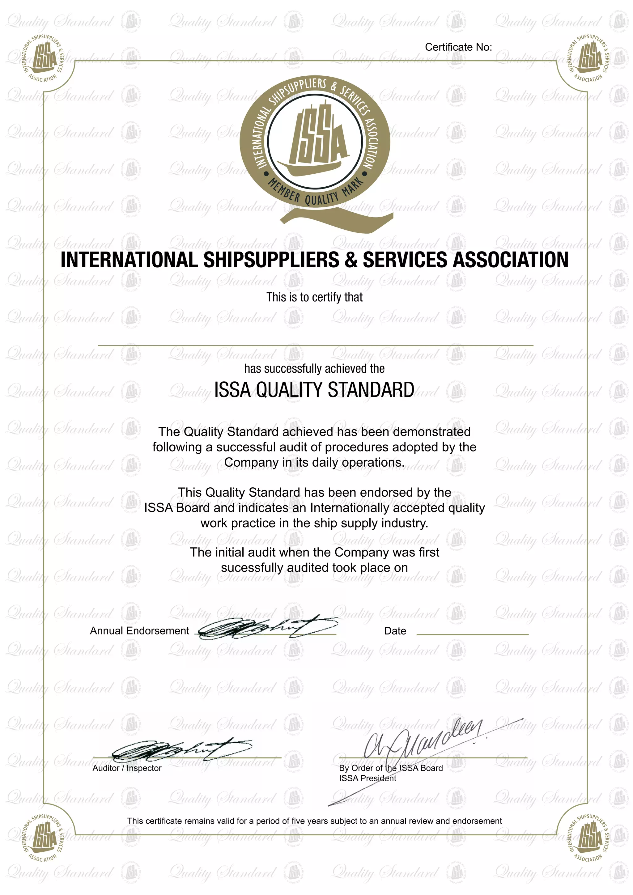 ISSA QUALITY CERTIFICATE 2 | PDF | Business | Business and Finance