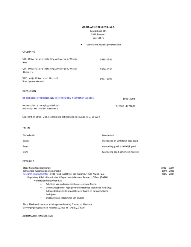Nederlandstalige CV marieanne_Reulens[1] | PDF