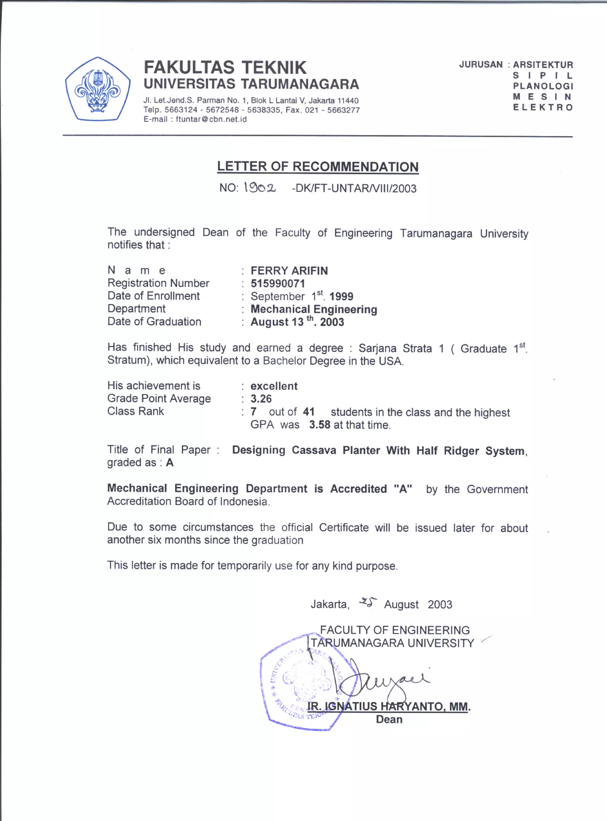 Letter of Recommendation(UNTAR) | PDF | Computing | Technology & Computing