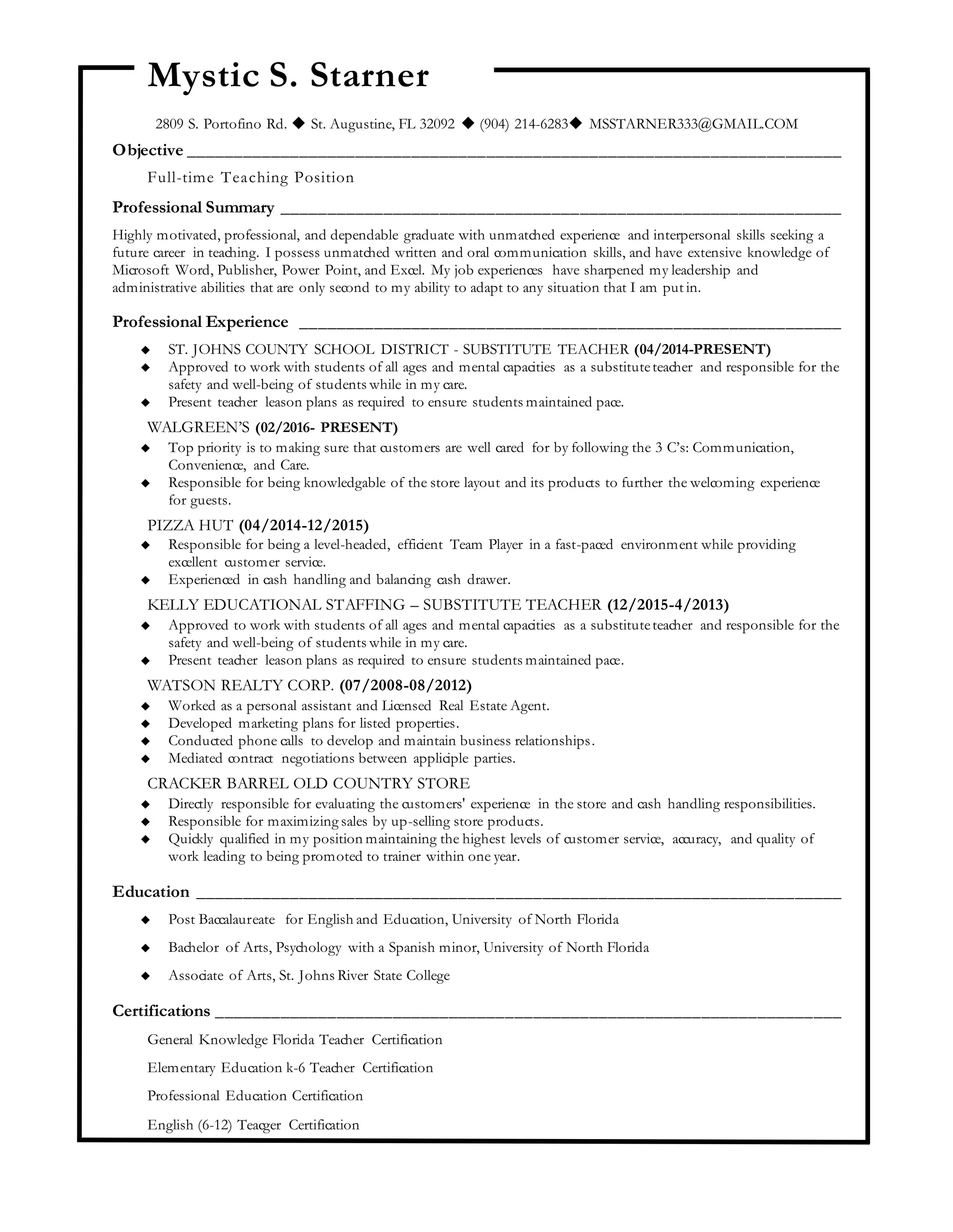 Mysic Starner Resume | DOCX