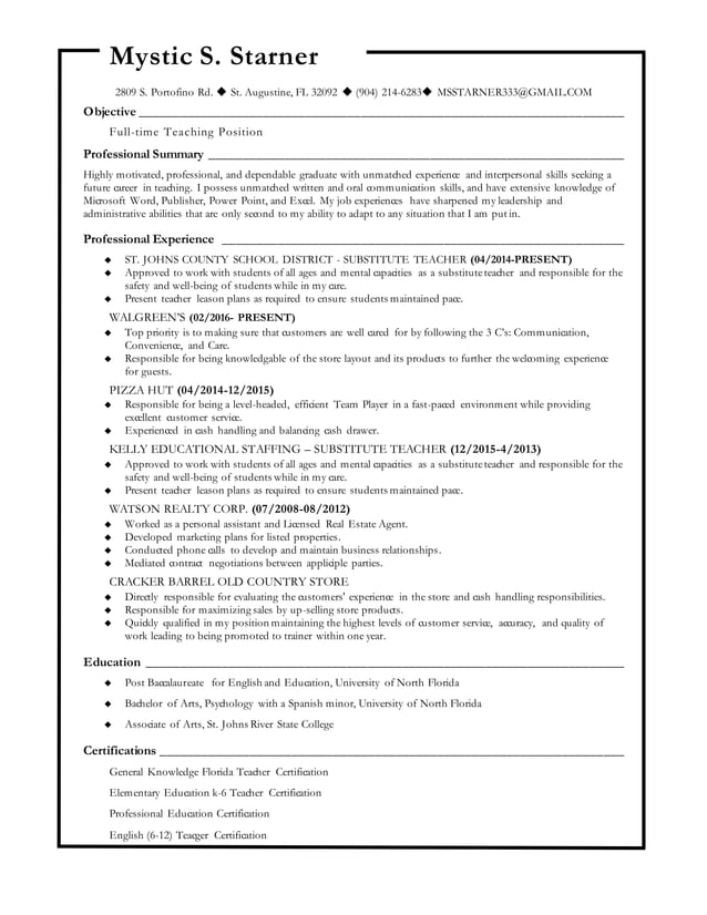 Mysic Starner Resume | DOCX | Professional School | Postgraduate Education