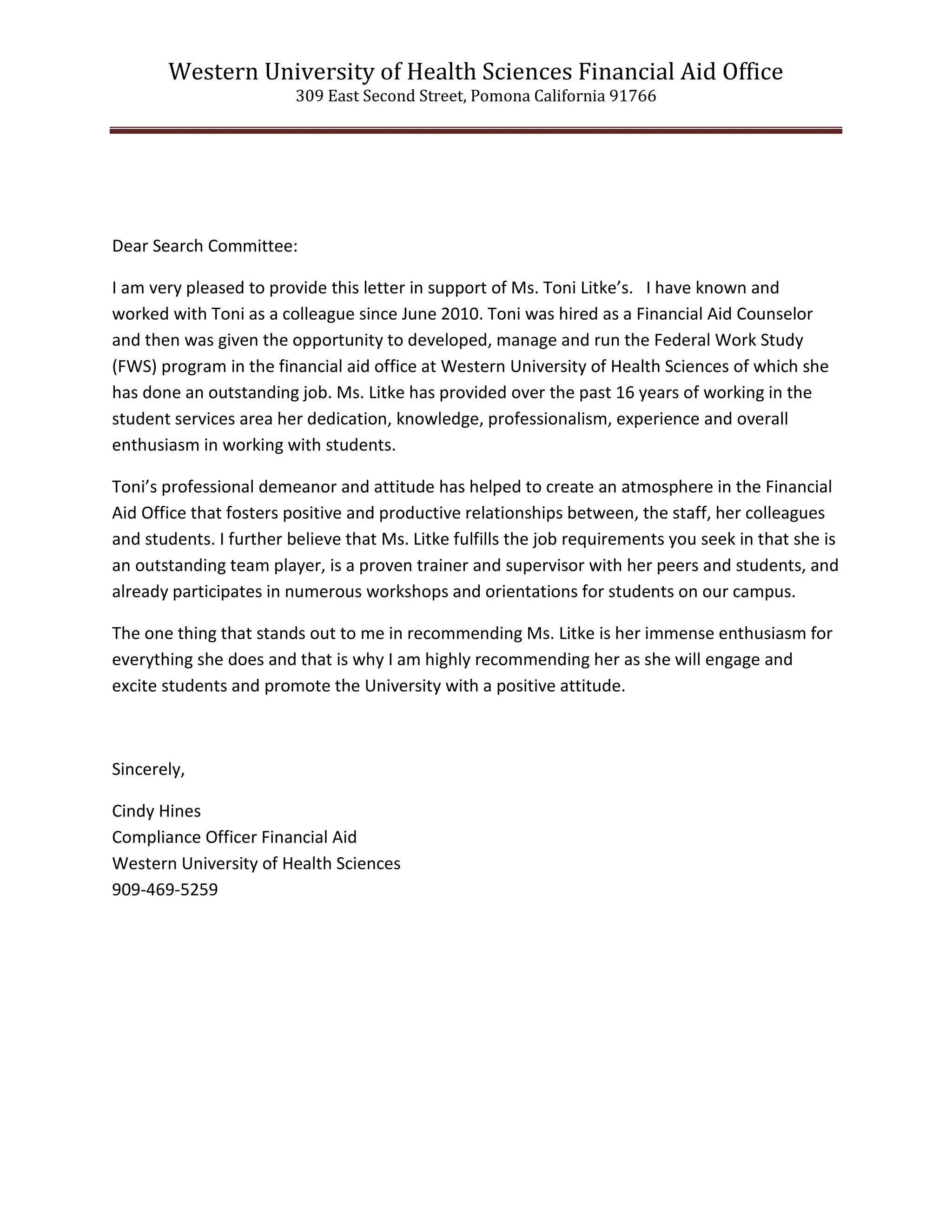 Cindy Hines Reference Letter | PDF