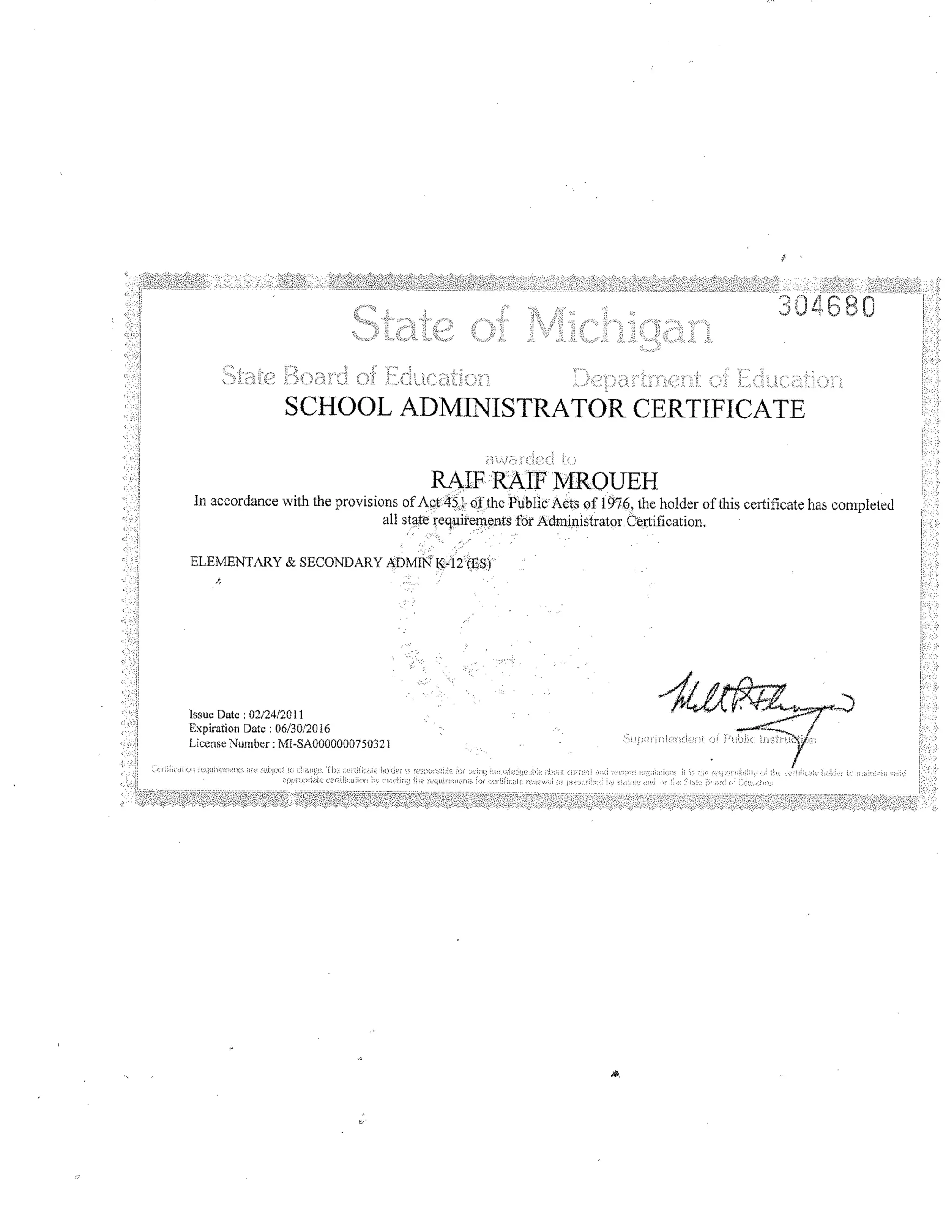 Raif Raif Mroueh State of Michigan Admin Certification | PDF