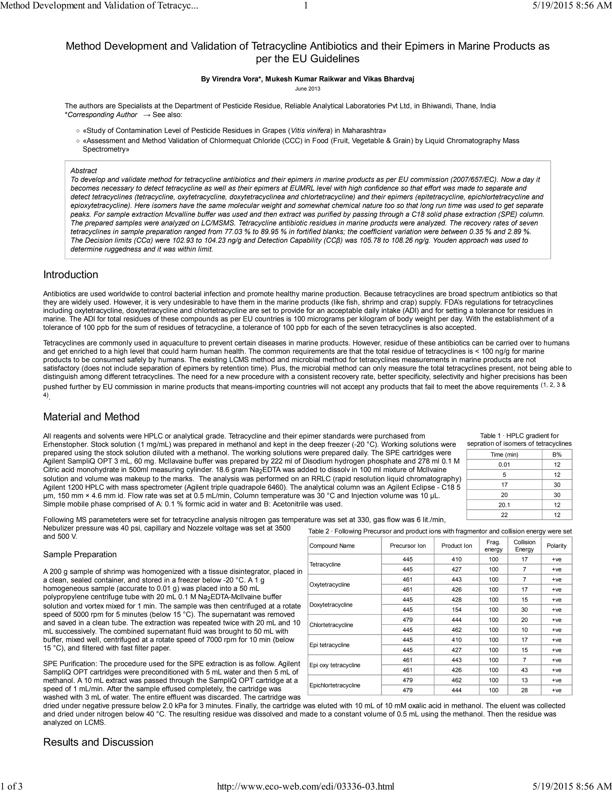 Method Development And Validation Of Tetracycline Antibiotics And Their Epimers In Marine