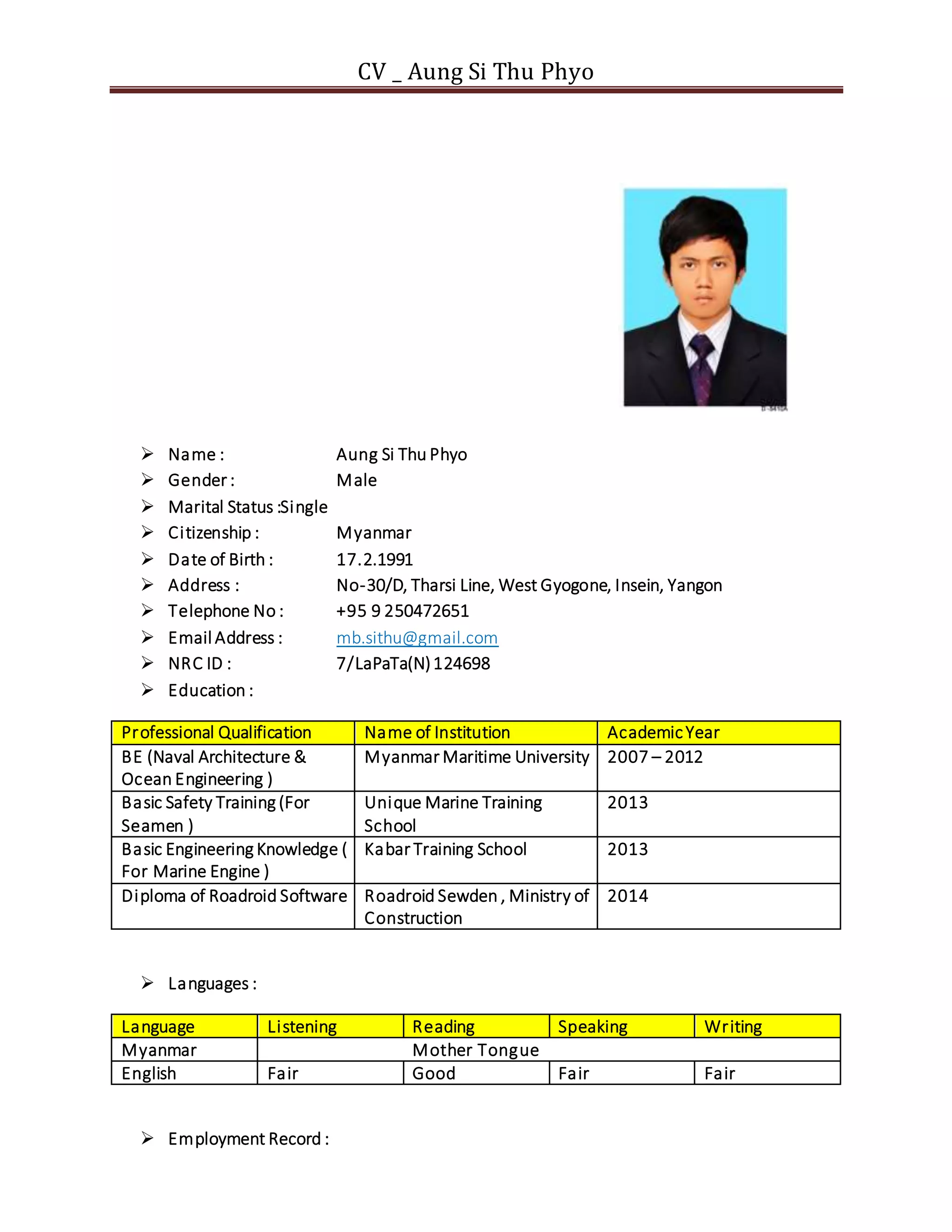 CV_Aung Si Thu Phyo_JH | PDF