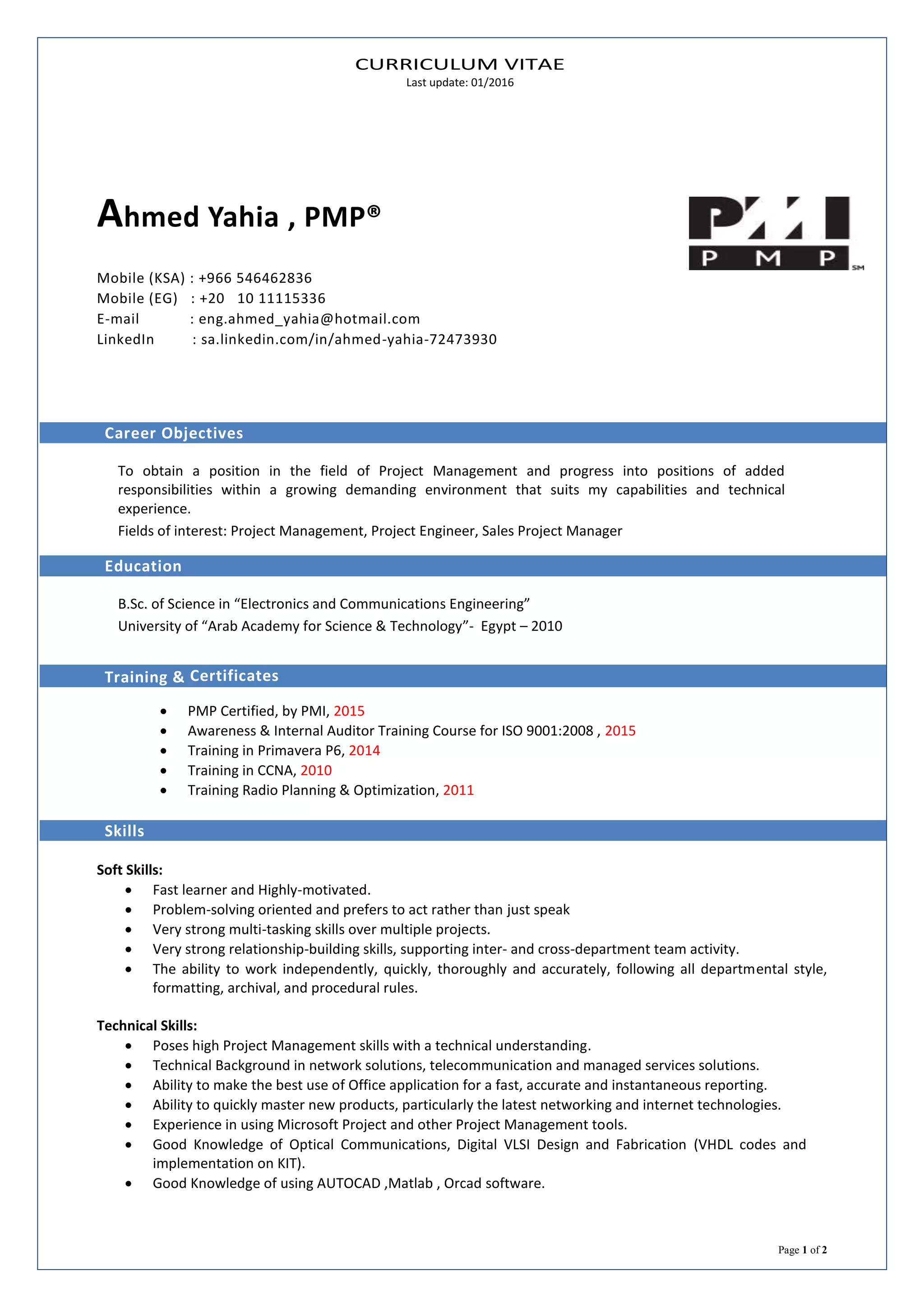 Ahmed Yahia CV-Project Engineer-Ver.2 | PDF