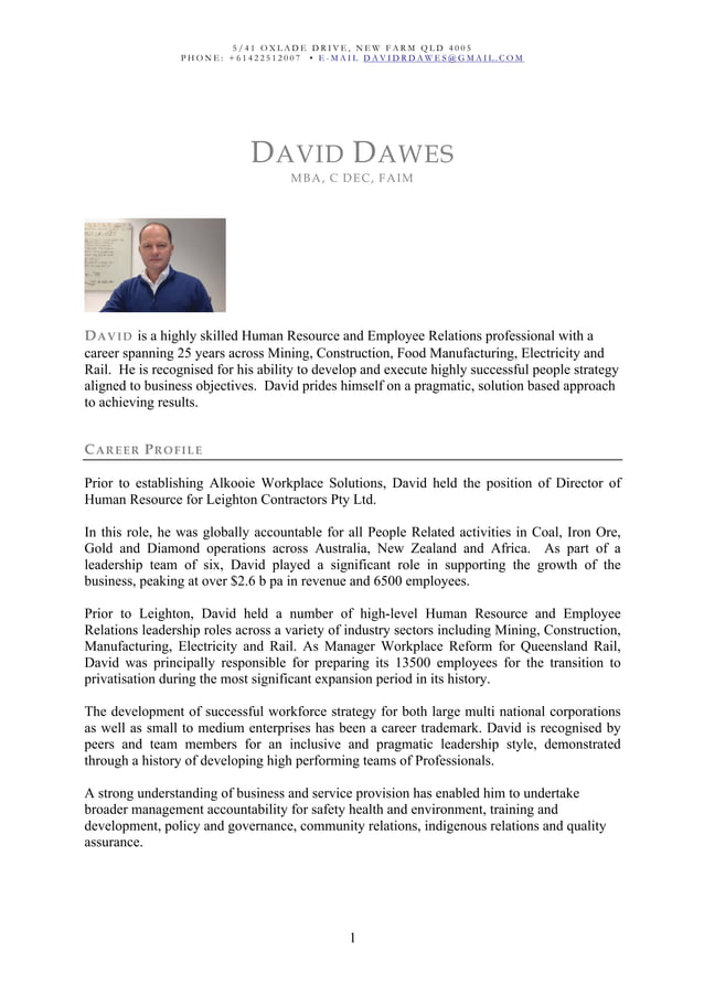 David Dawes Consultant Profile Alkooie Pty Ltd | PDF
