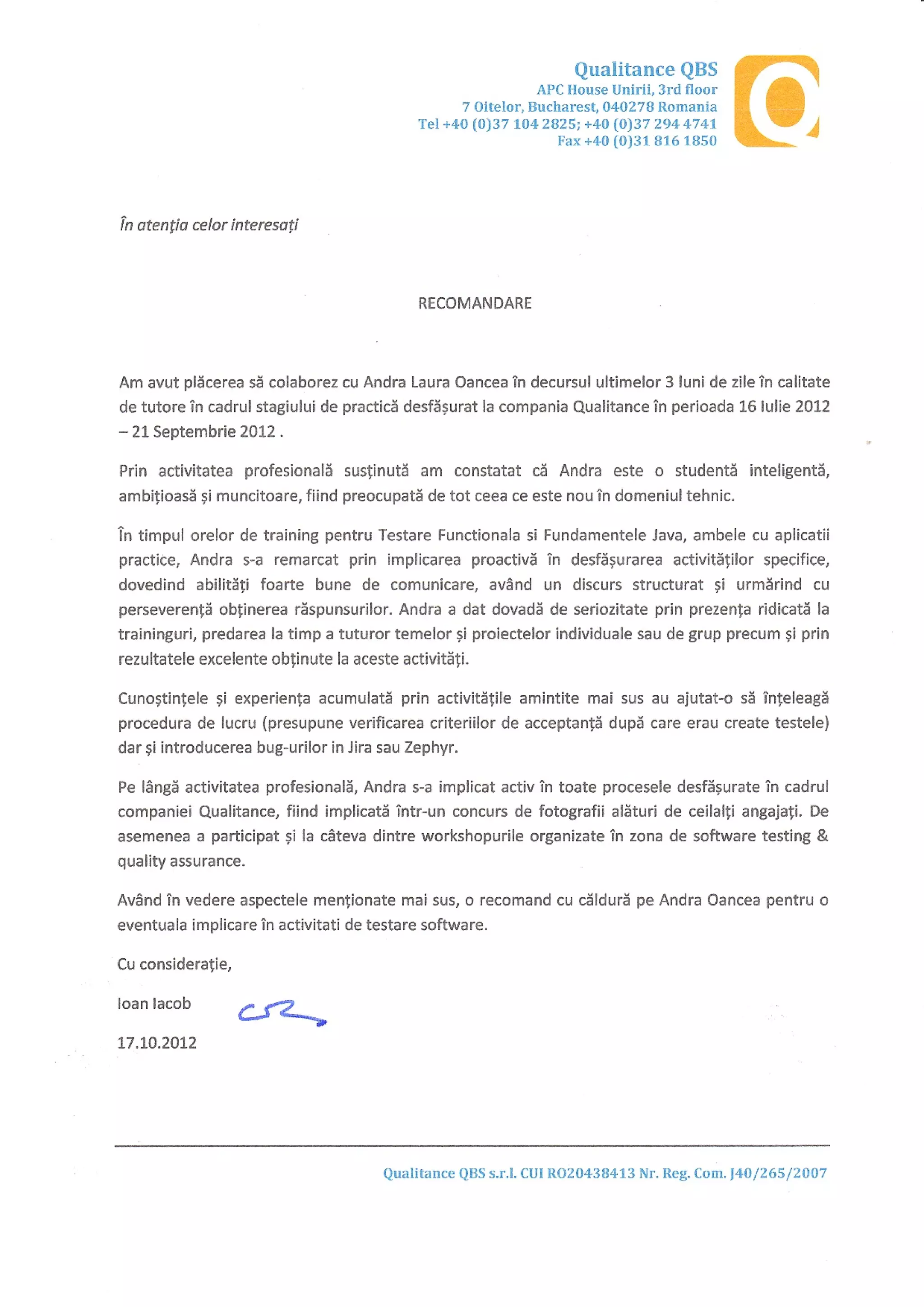 Scrisoare de recomandare - Qualitance | PDF