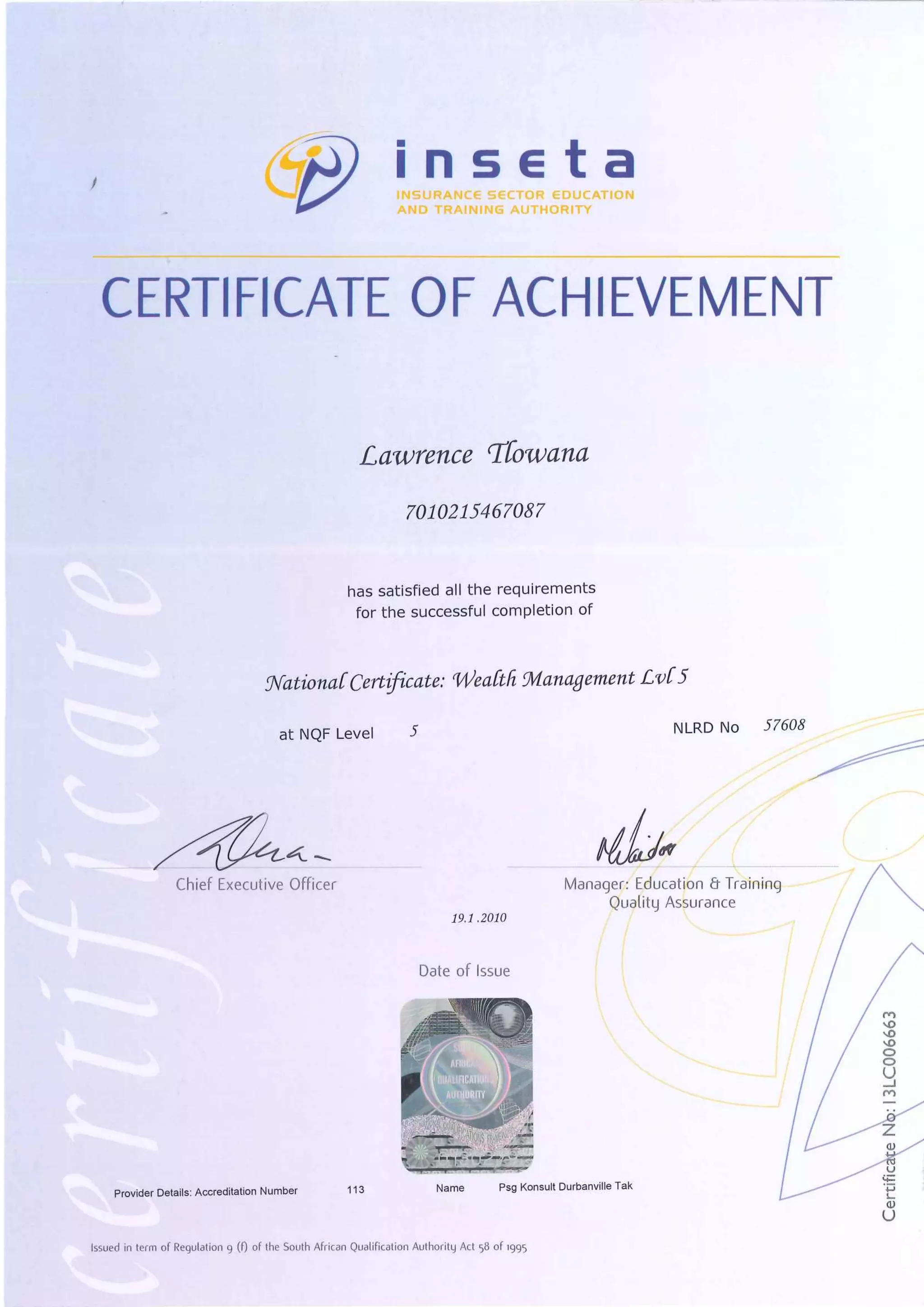 L Tlowana - Copy of INSETA Certificate | PDF