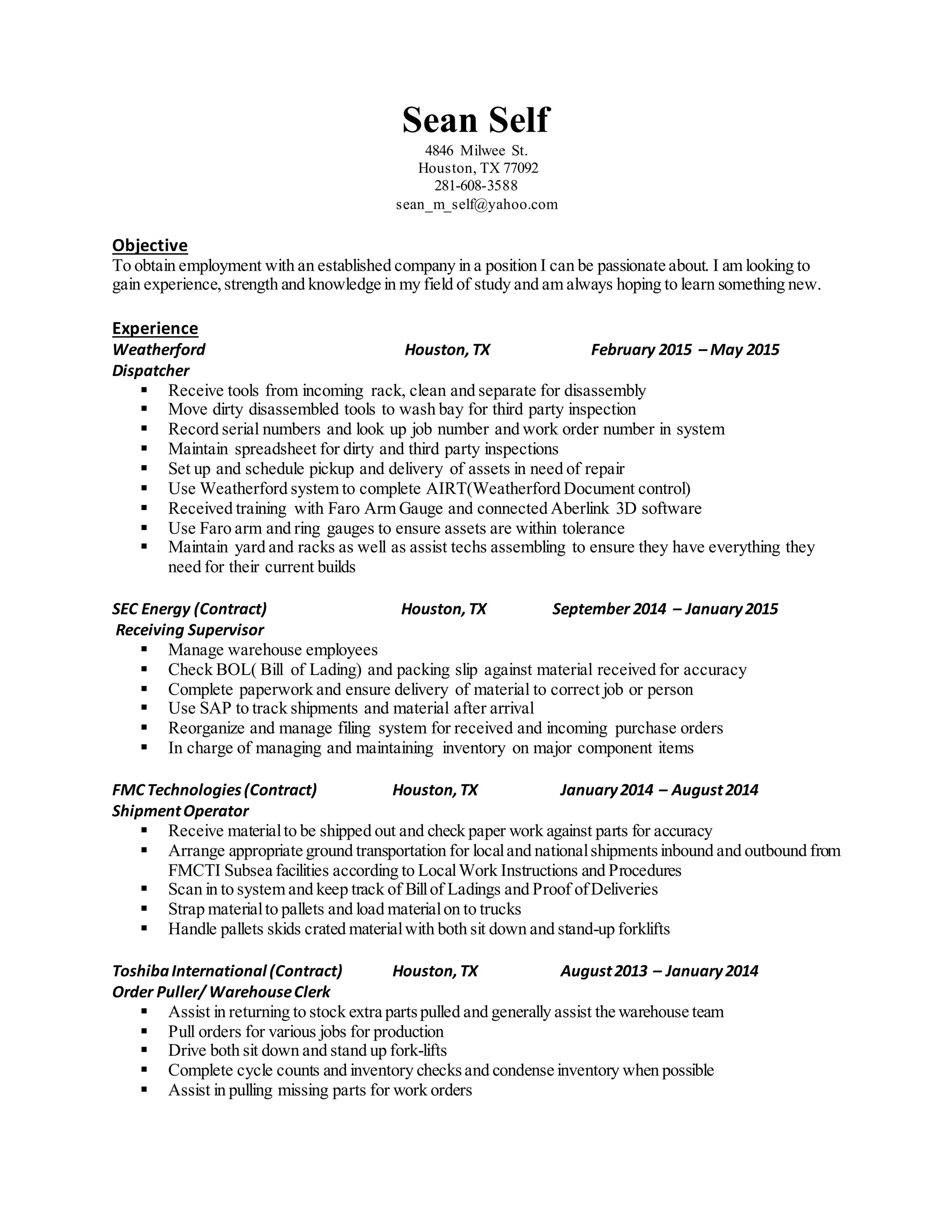 Sean Self resume | DOCX | Logistics | Business