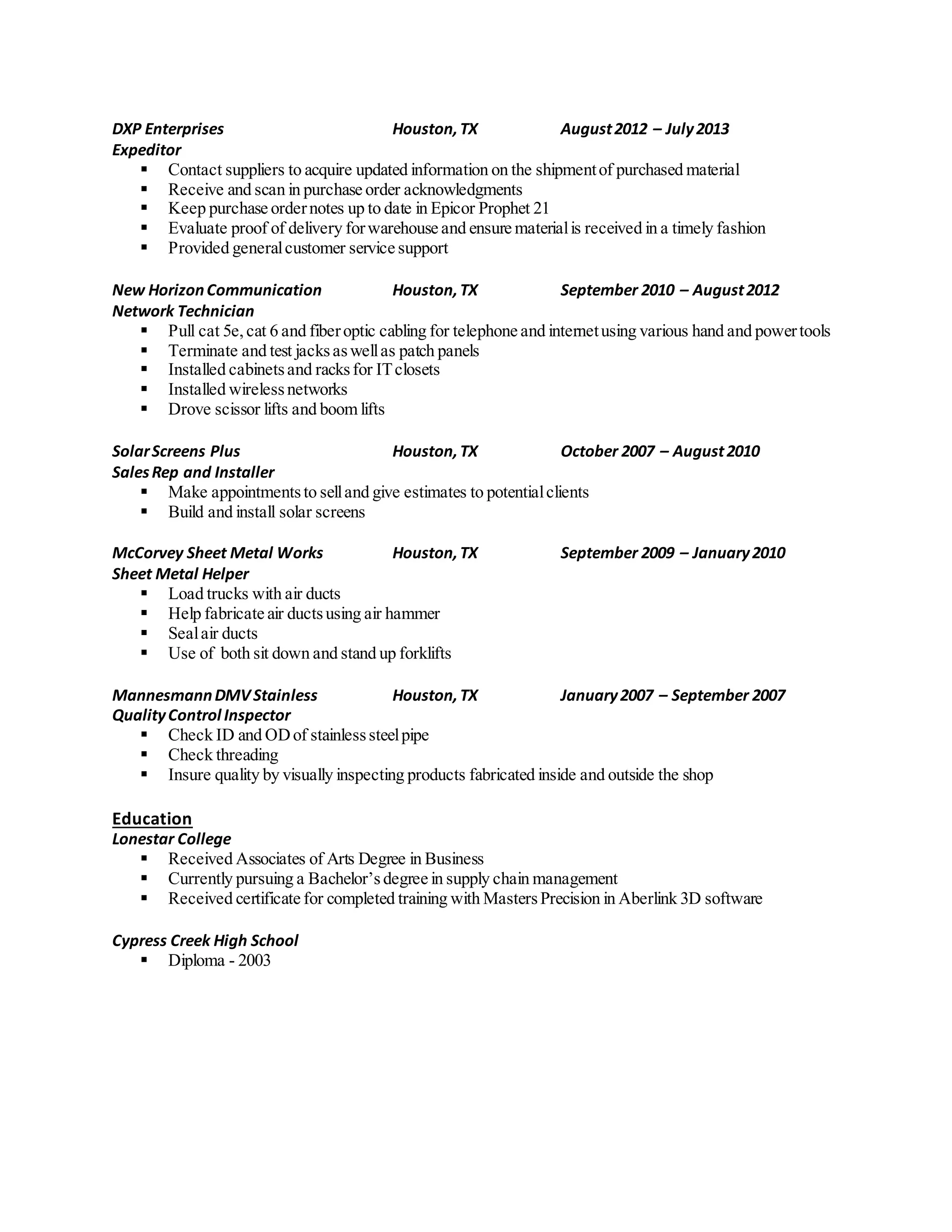 Sean Self resume | DOCX | Logistics | Business