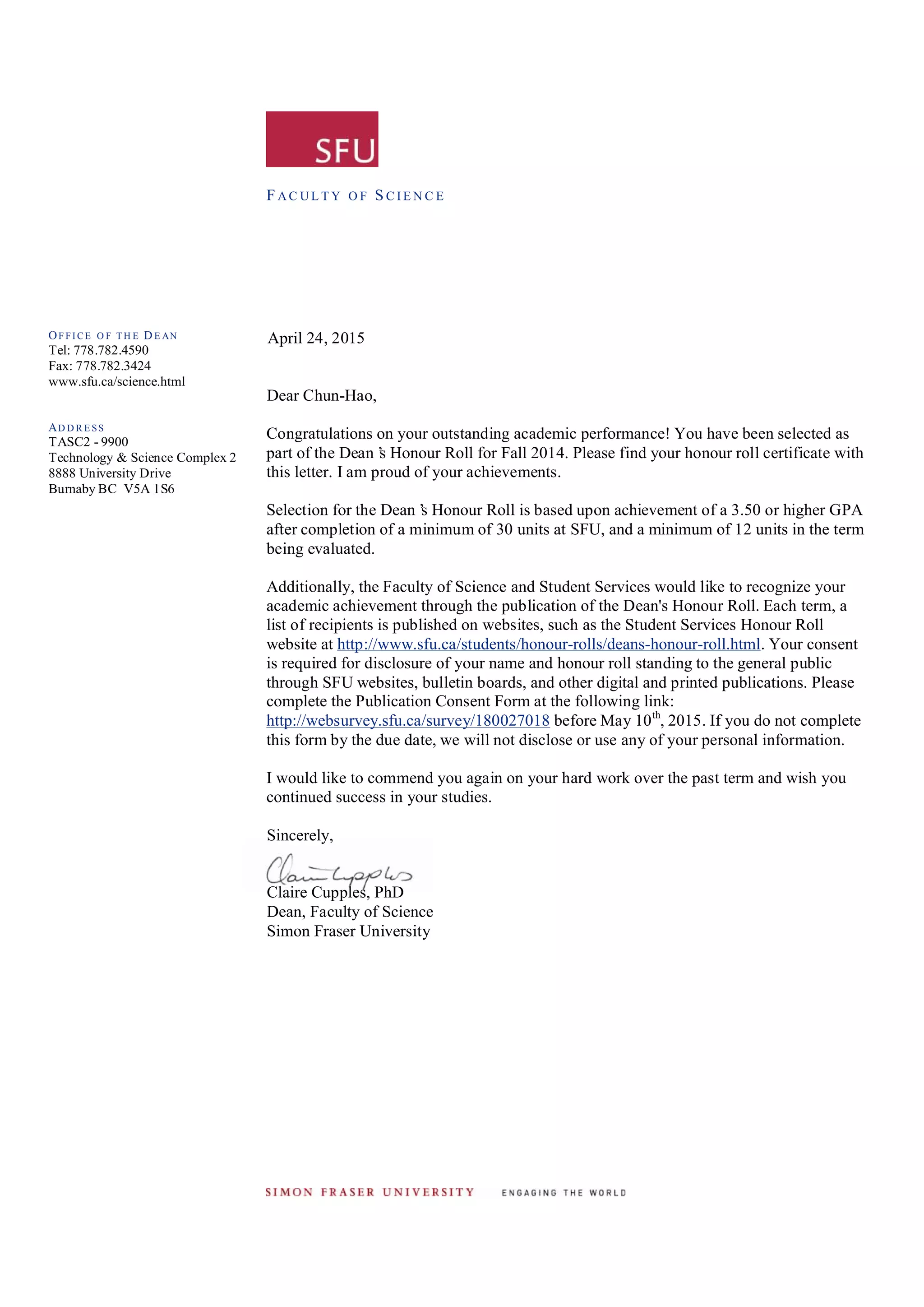 Dean's Honour Roll Letter and Certificate | PDF