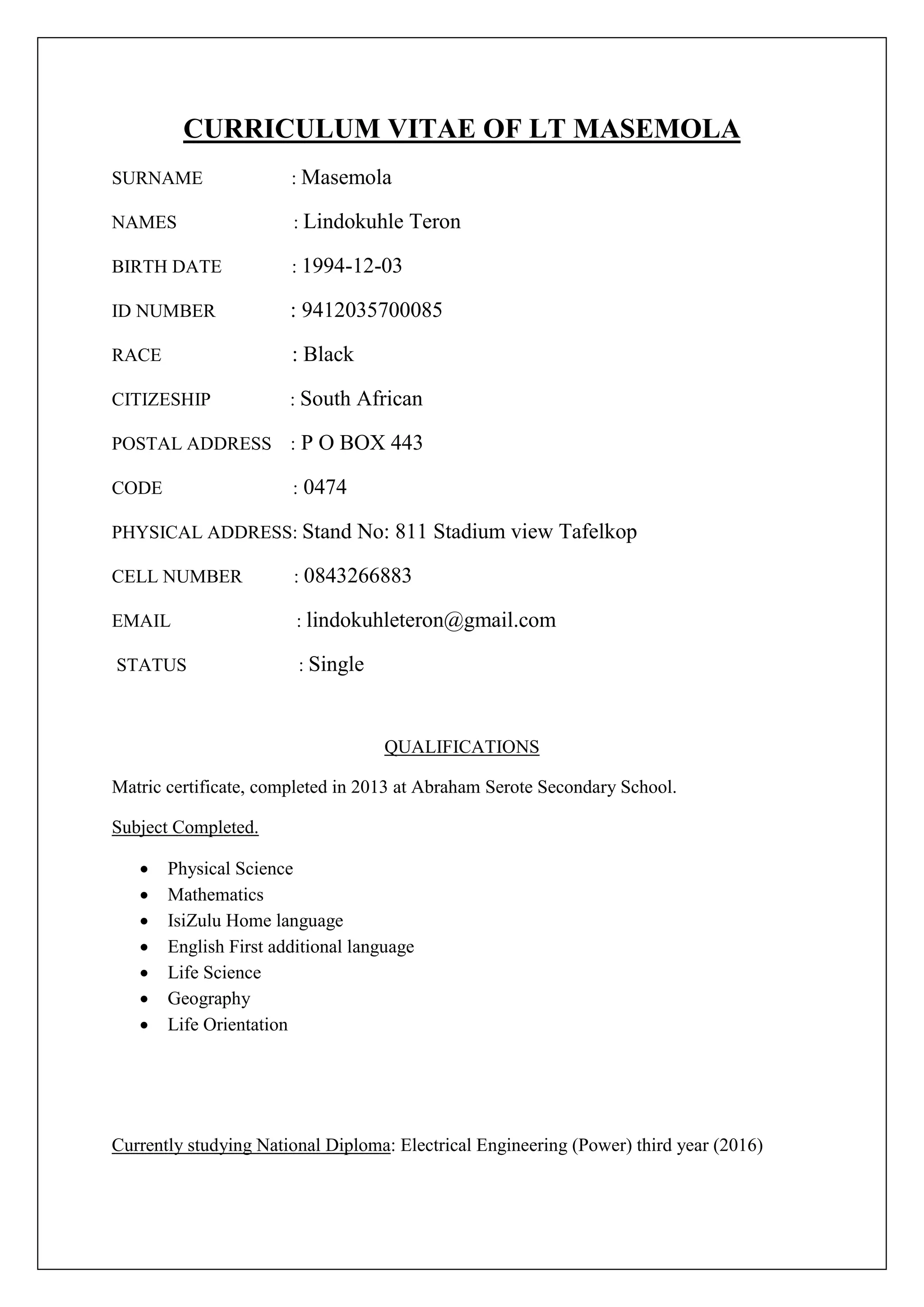 CV, LT MASEMOLA | PDF