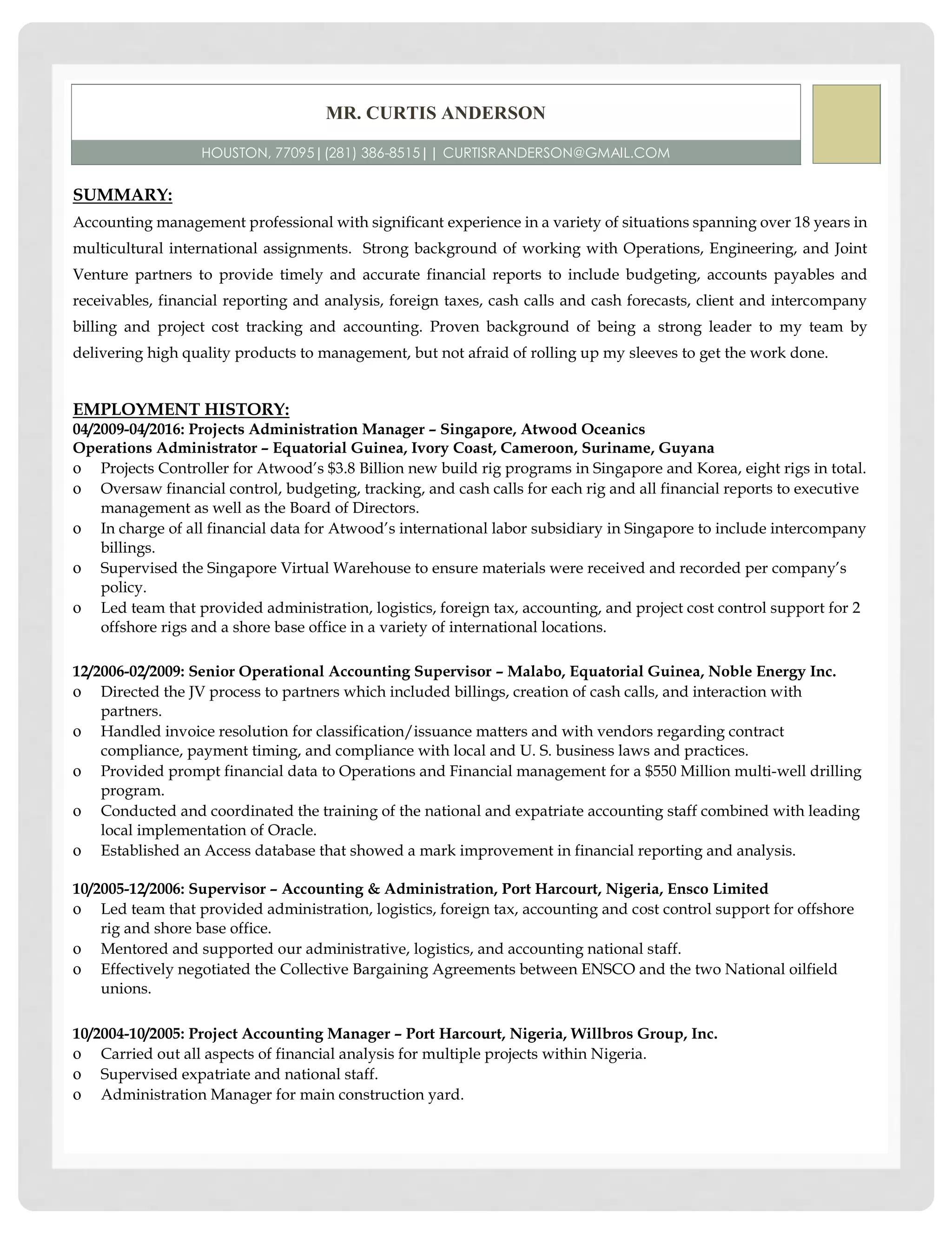 Mr Curtis Anderson Resume | PDF