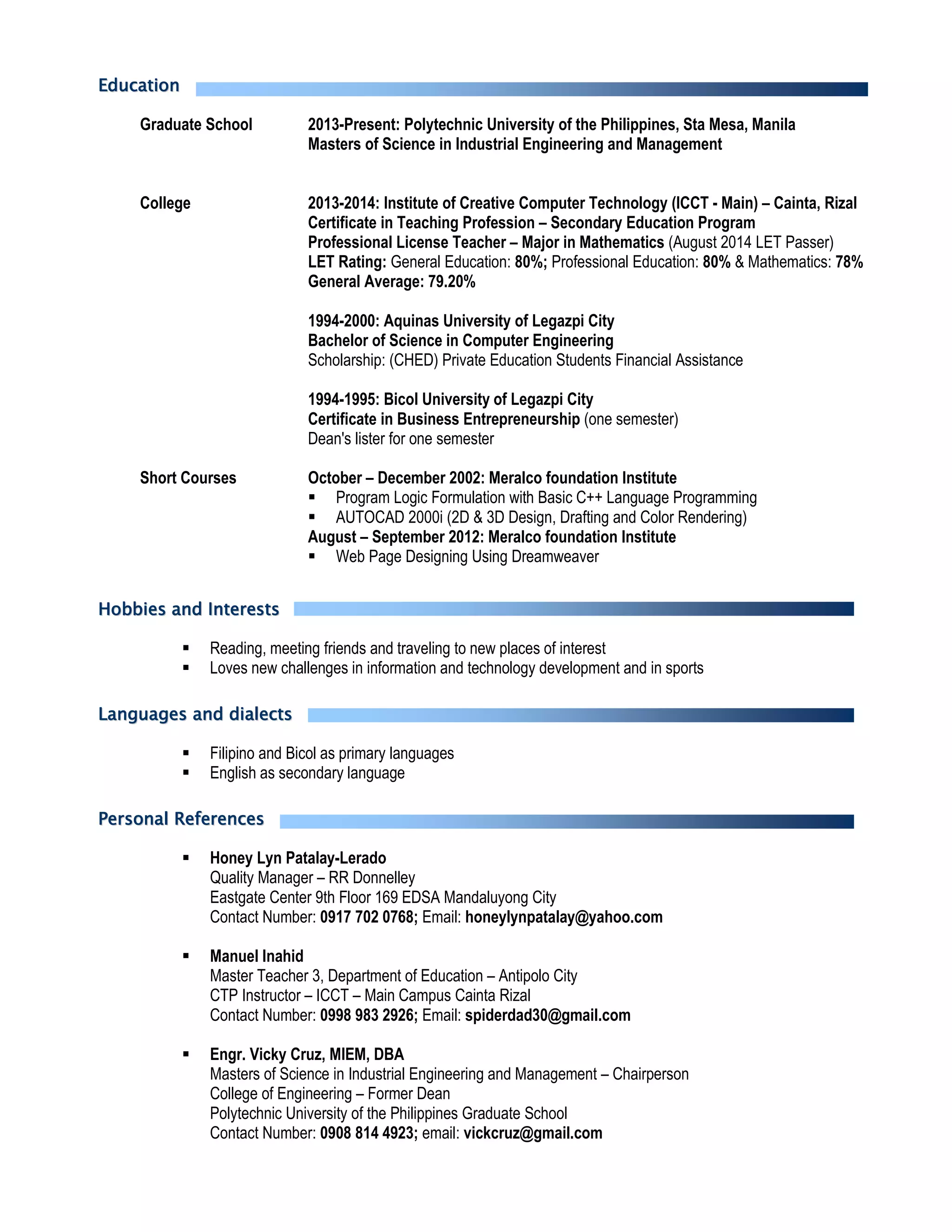 Resume of NOEL D. EJERCITO | PDF